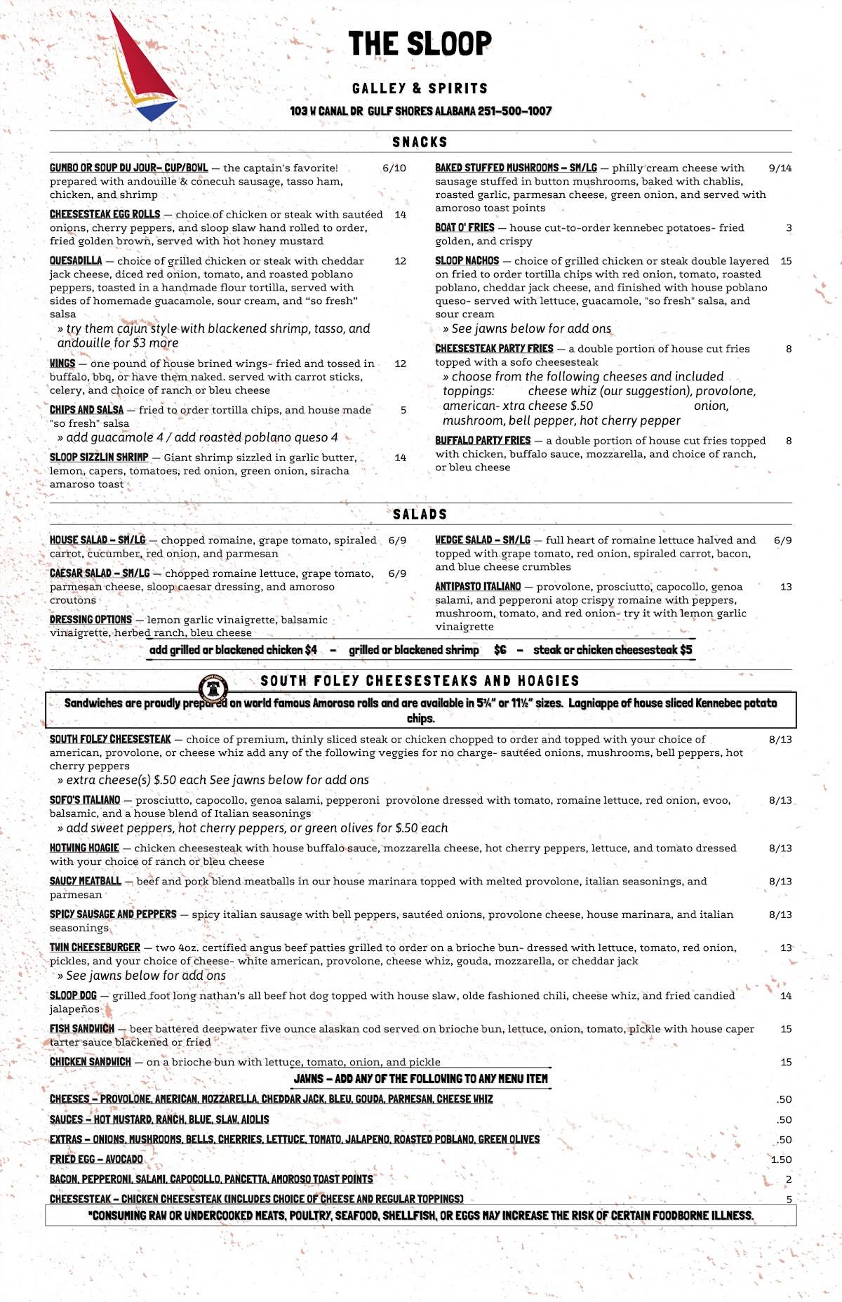 Menu at The Sloop pub & bar, Gulf Shores