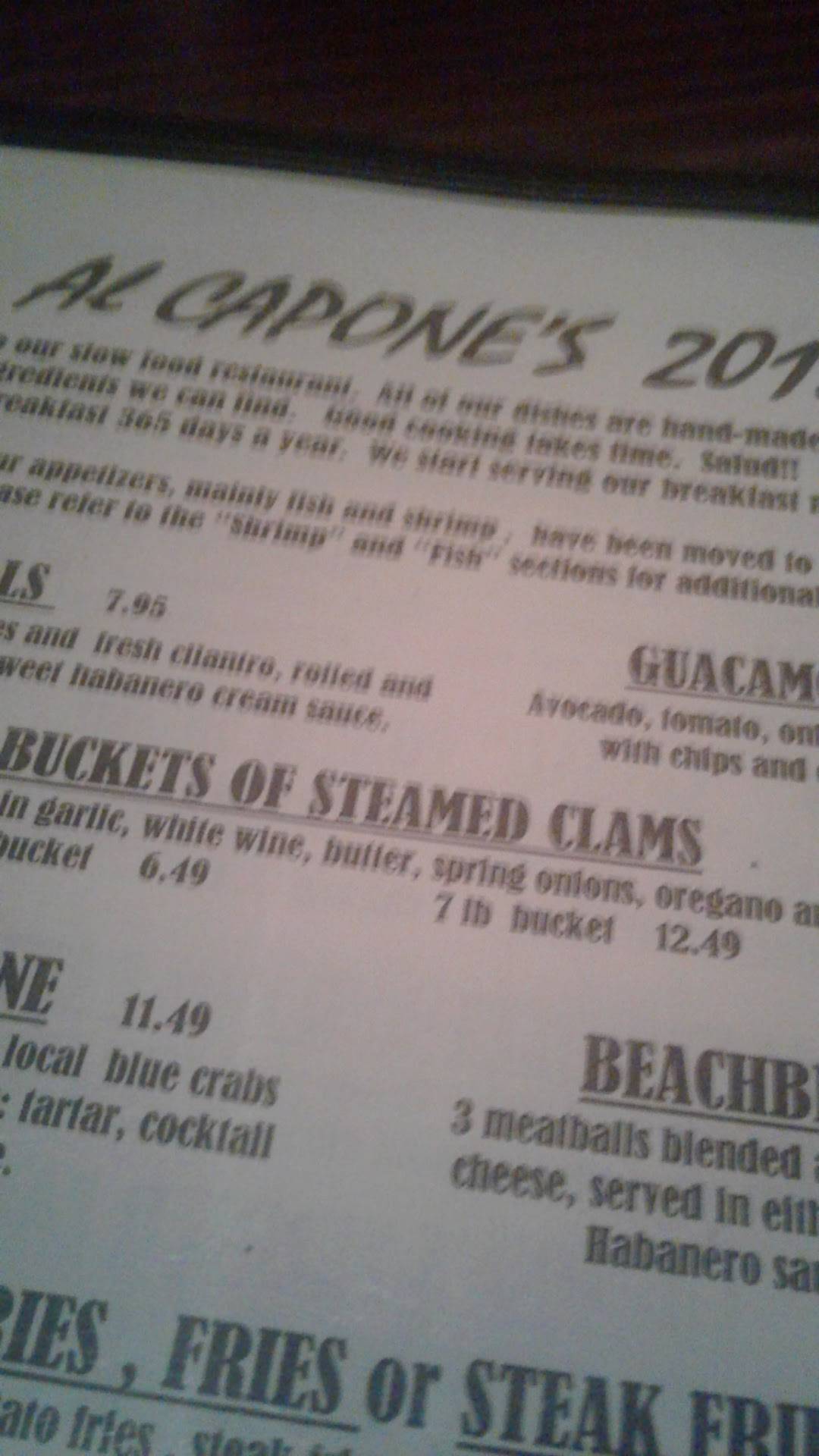 Menu at Al Capone's Seafood and Pizzeria, Puerto Peñasco