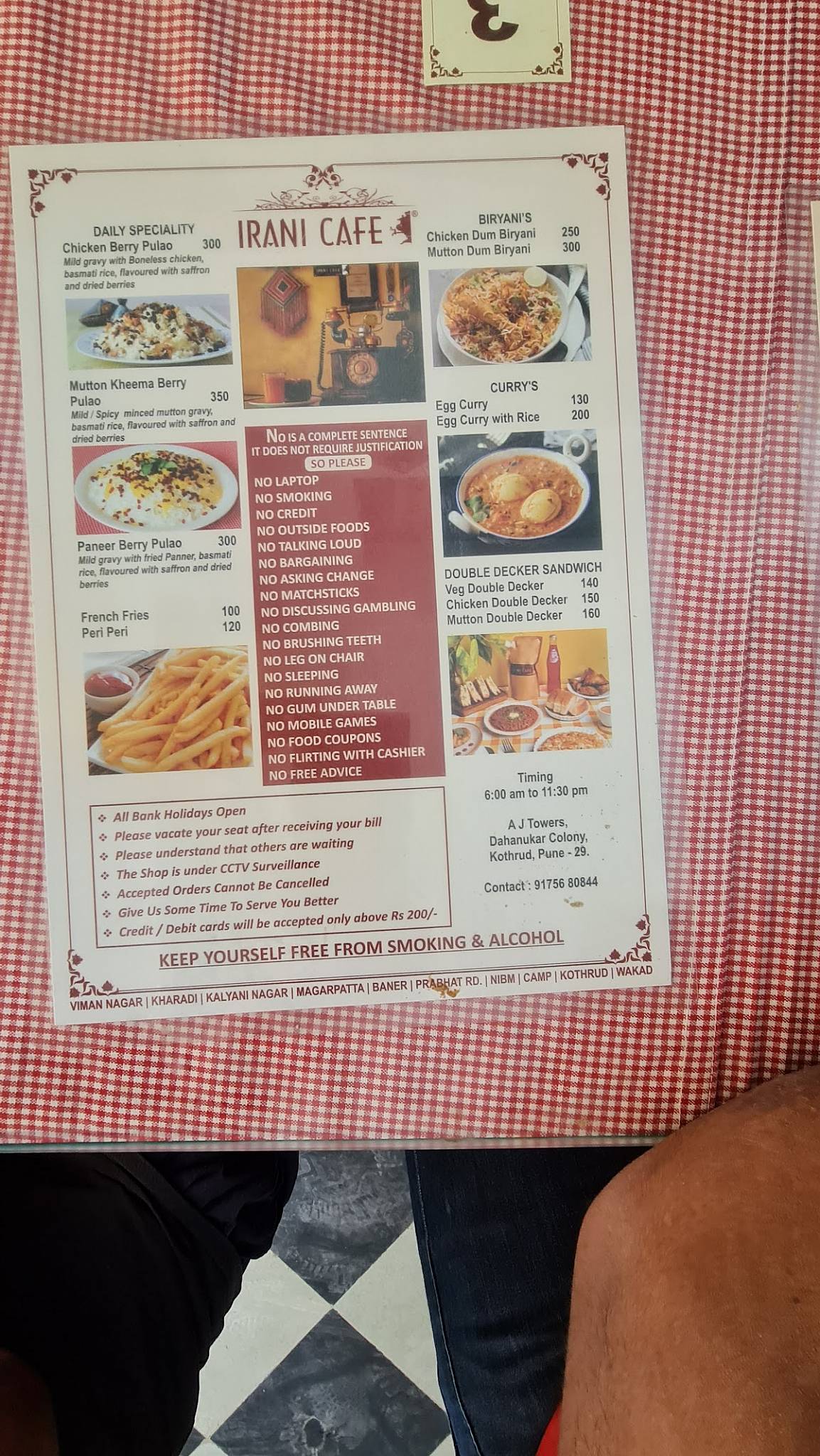 Menu at Irani Cafe, Pune