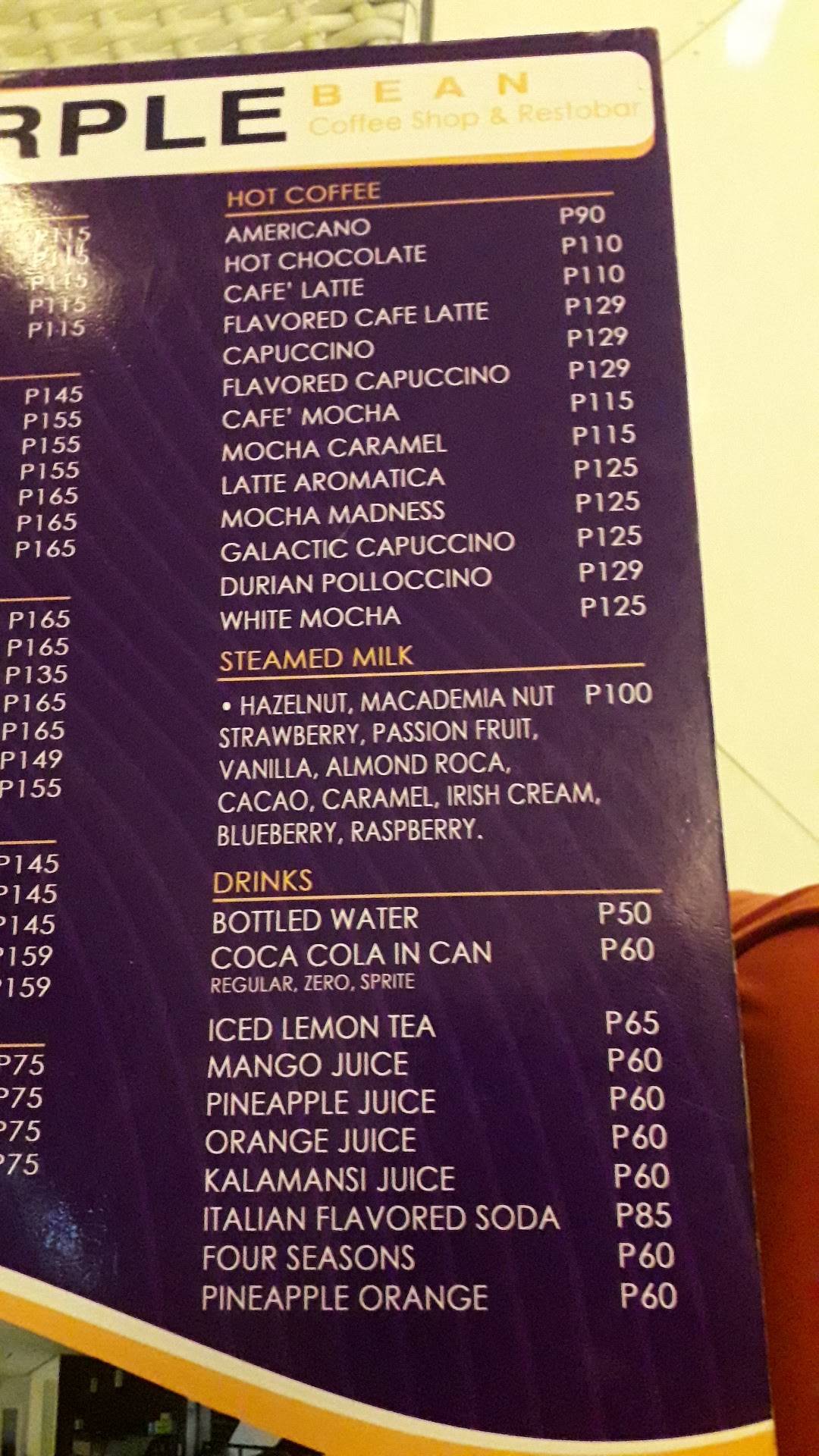 Carta de Purple Bean Coffee Shop And Resto Bar, Dávao, 4JFM+XFP
