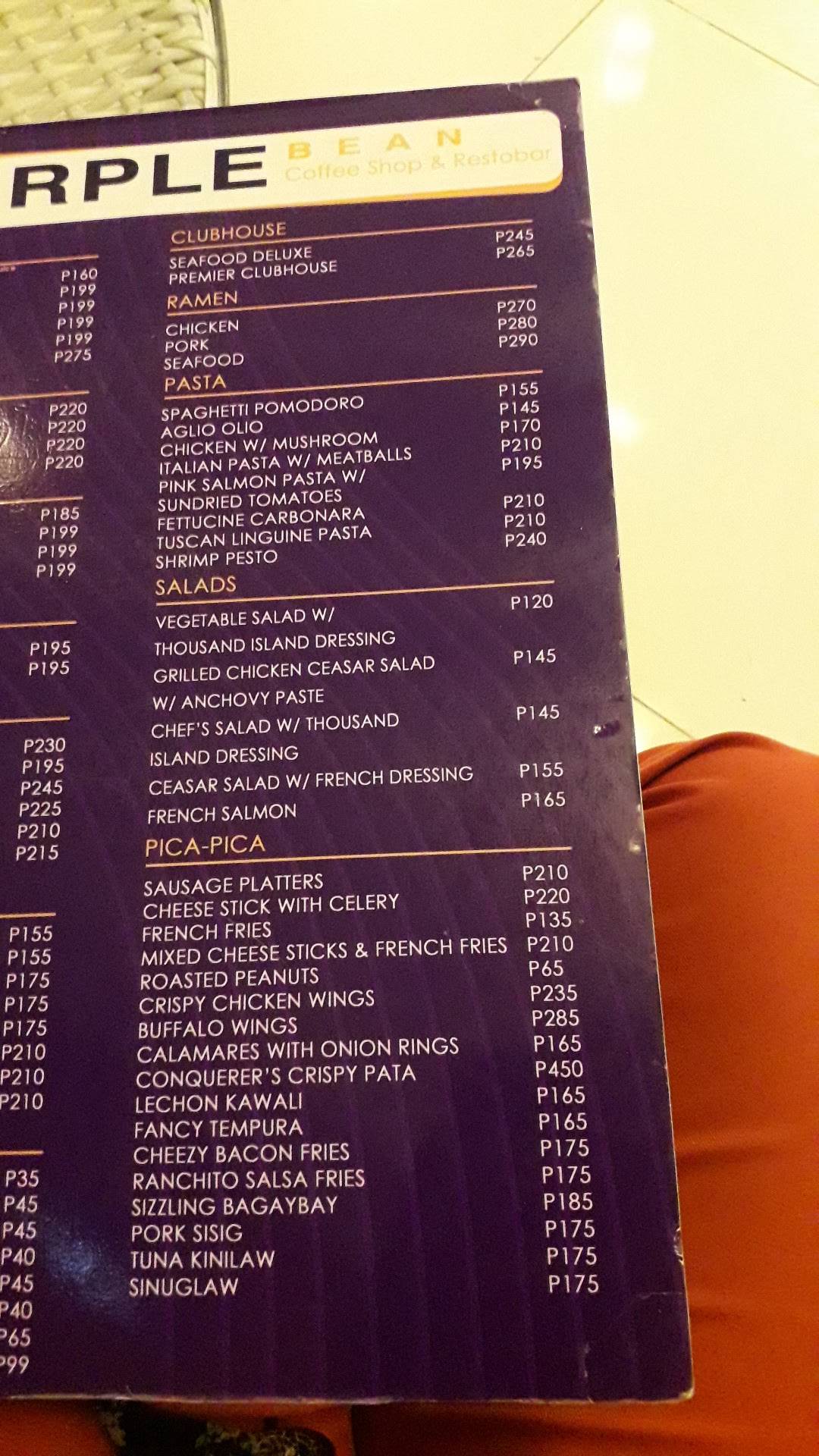 Carta de Purple Bean Coffee Shop And Resto Bar, Dávao, 4JFM+XFP
