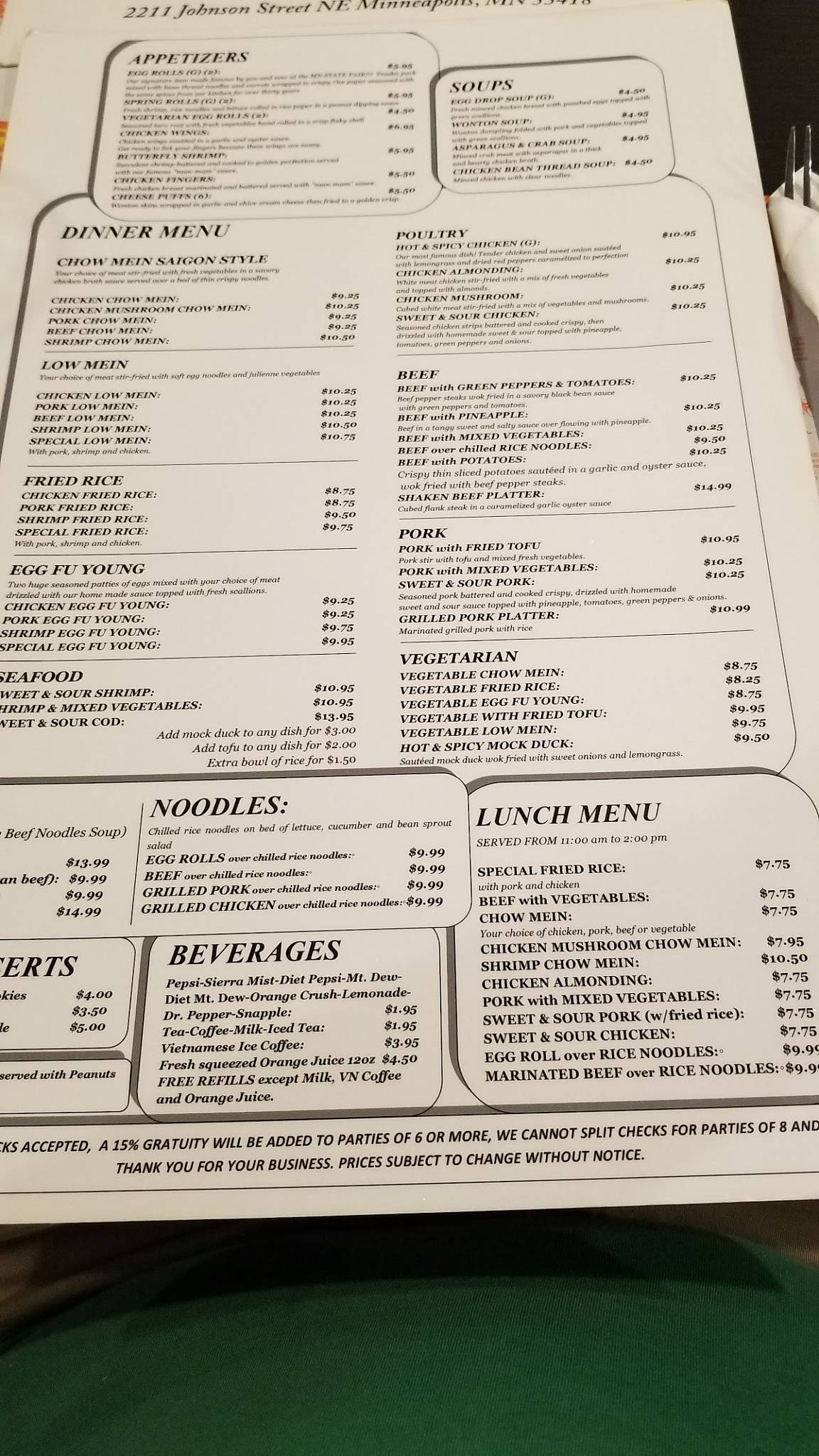 Menu at Que Viet Village House restaurant, Minneapolis