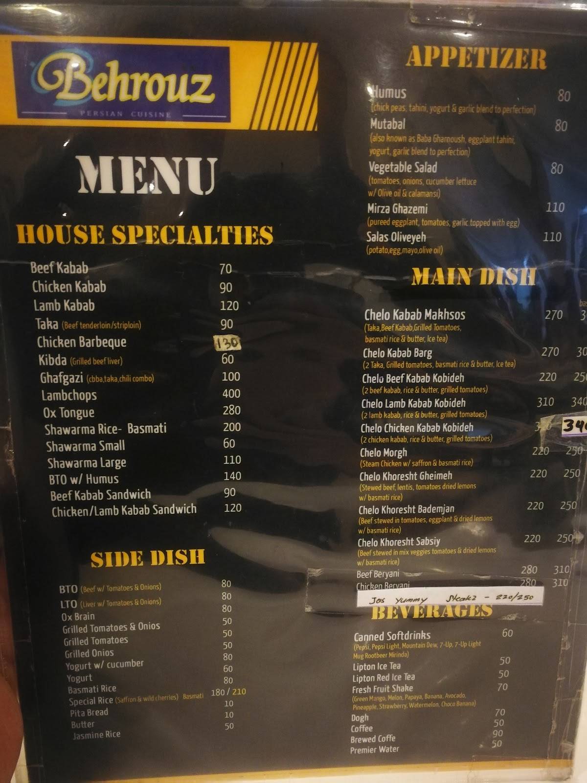 Menu at Behrouz Persian Cuisine restaurant, Quezon City, 50 Sct. Tobias St