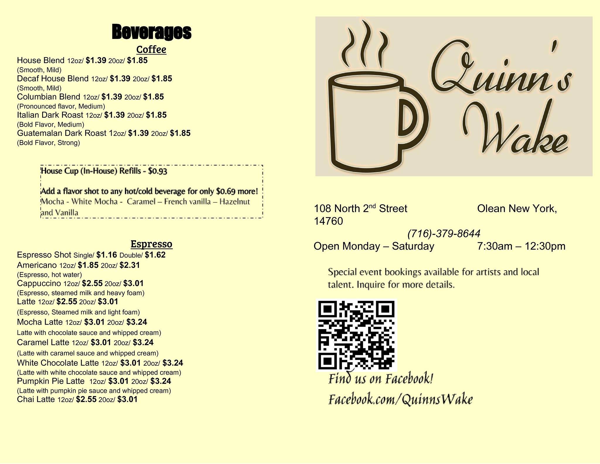 Menu at Quinn's Wake Coffee House, Olean