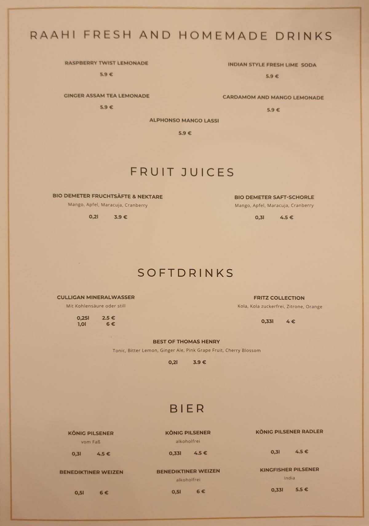 Speisekarte von Raahi - Fine Indian Food restaurant, Lübeck