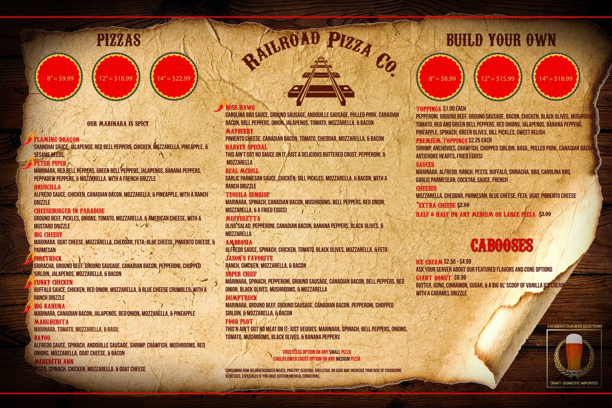 Menu at Railroad Pizza Company pizzeria, Flora