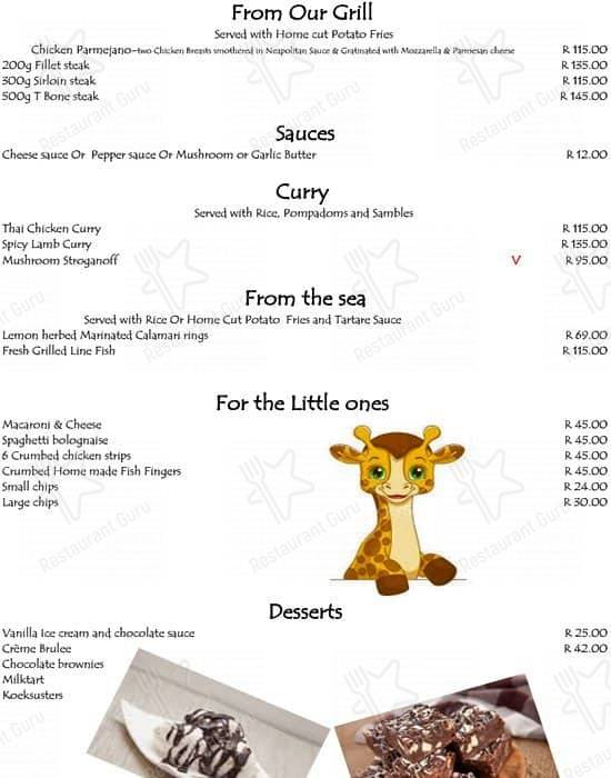 Menu at Cradle Moon Lakeside Game Lodge restaurant, Roodepoort