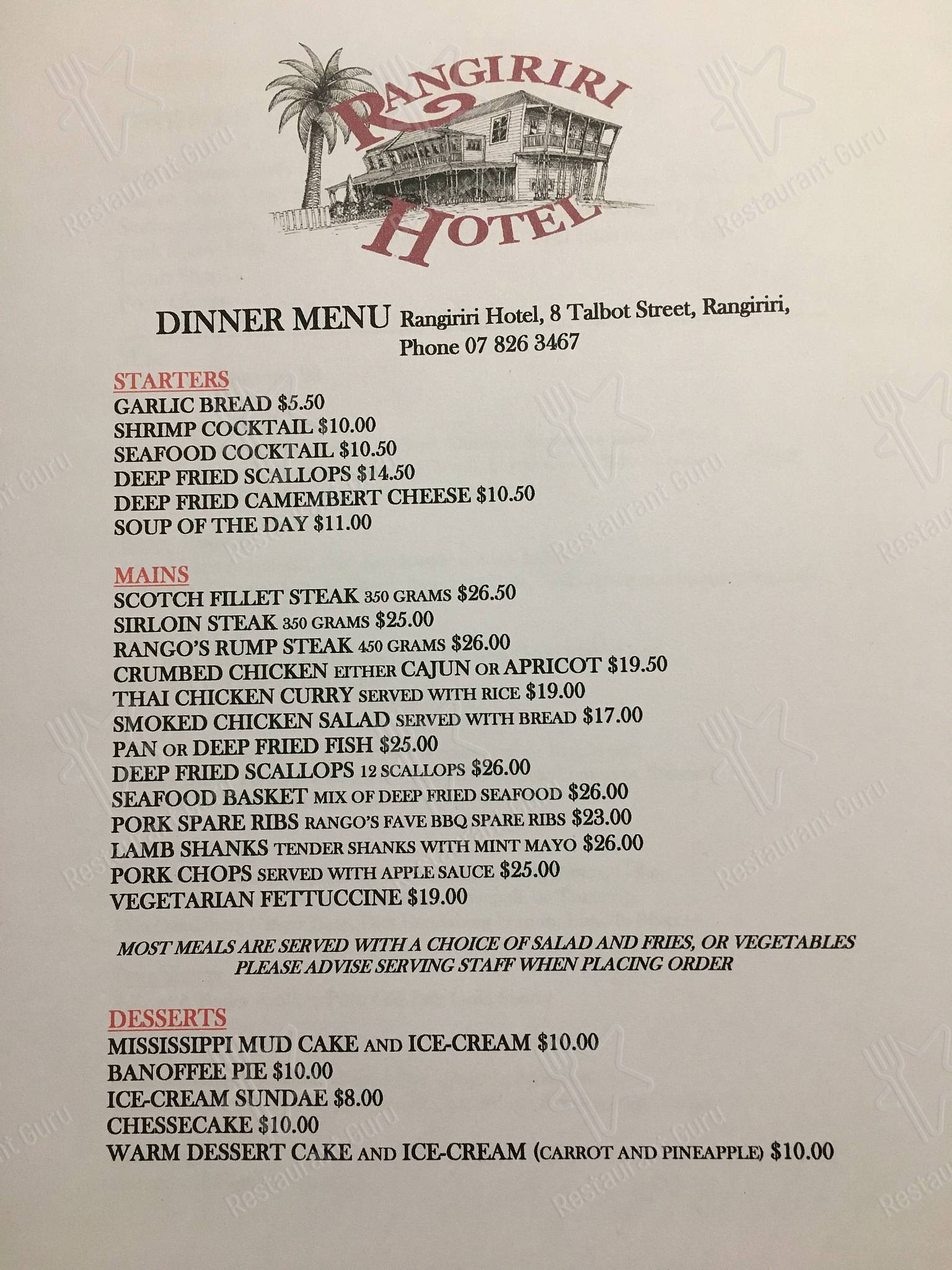 Menu at Rangiriri Hotel pub & bar, Rangiriri