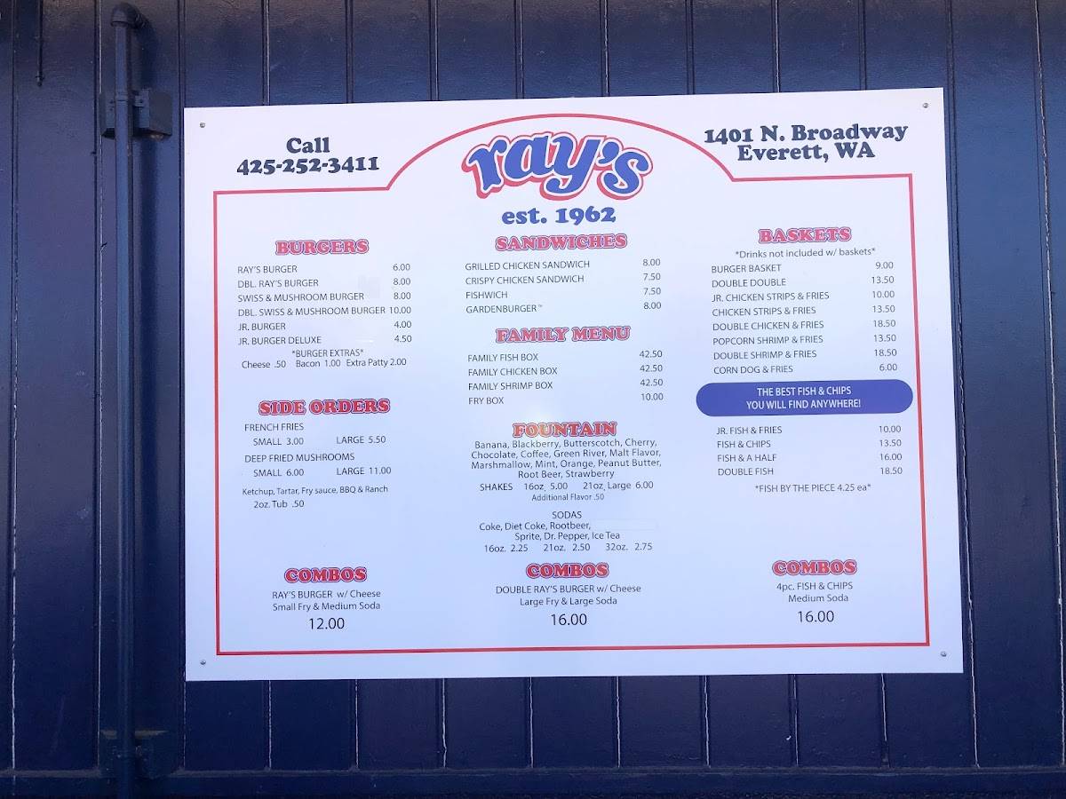 Menu at Ray's Drive In restaurant, Everett