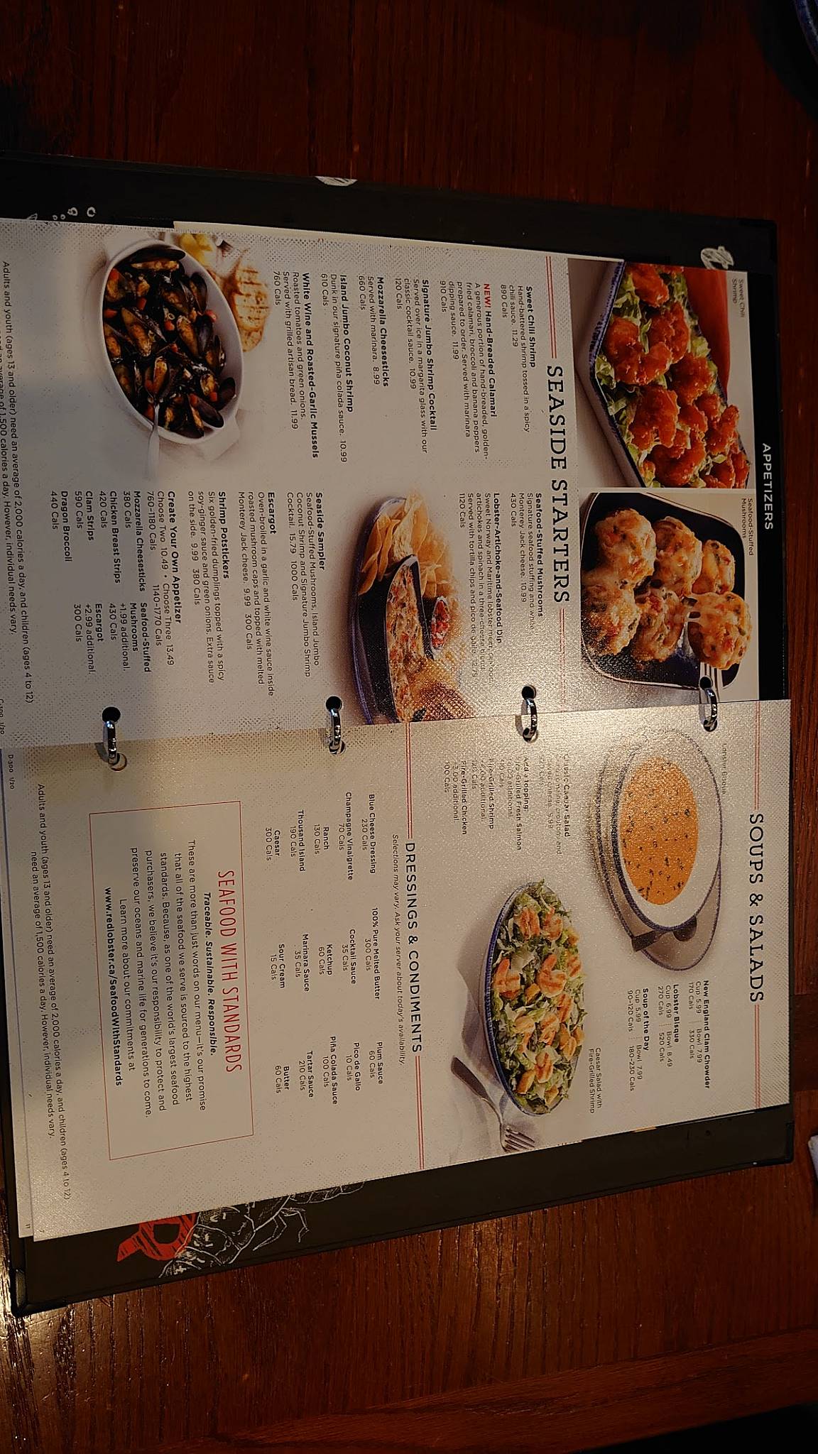 Menu at Red Lobster restaurant, Barrie