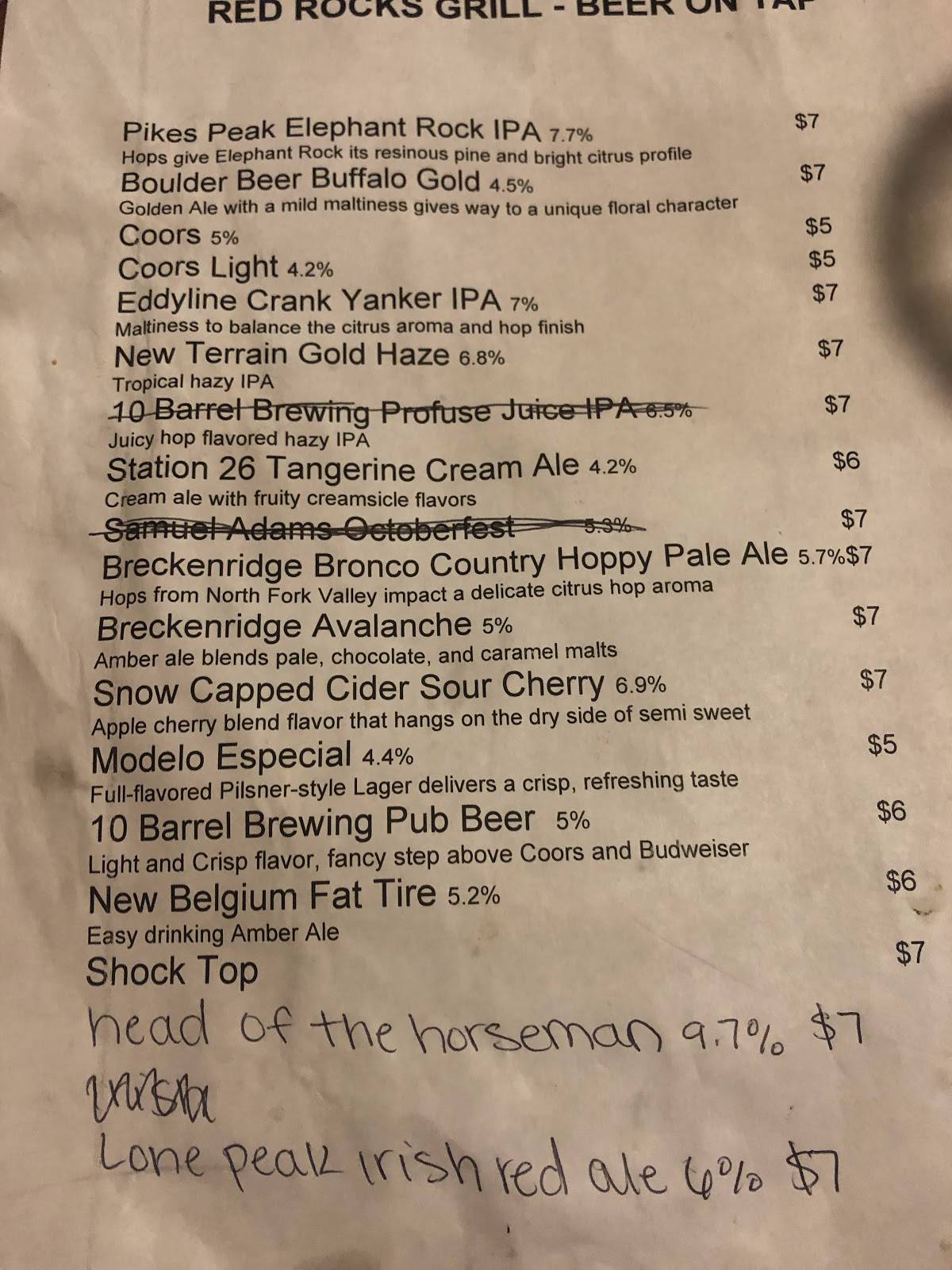 Menu at Red Rocks Grill pub & bar, Morrison