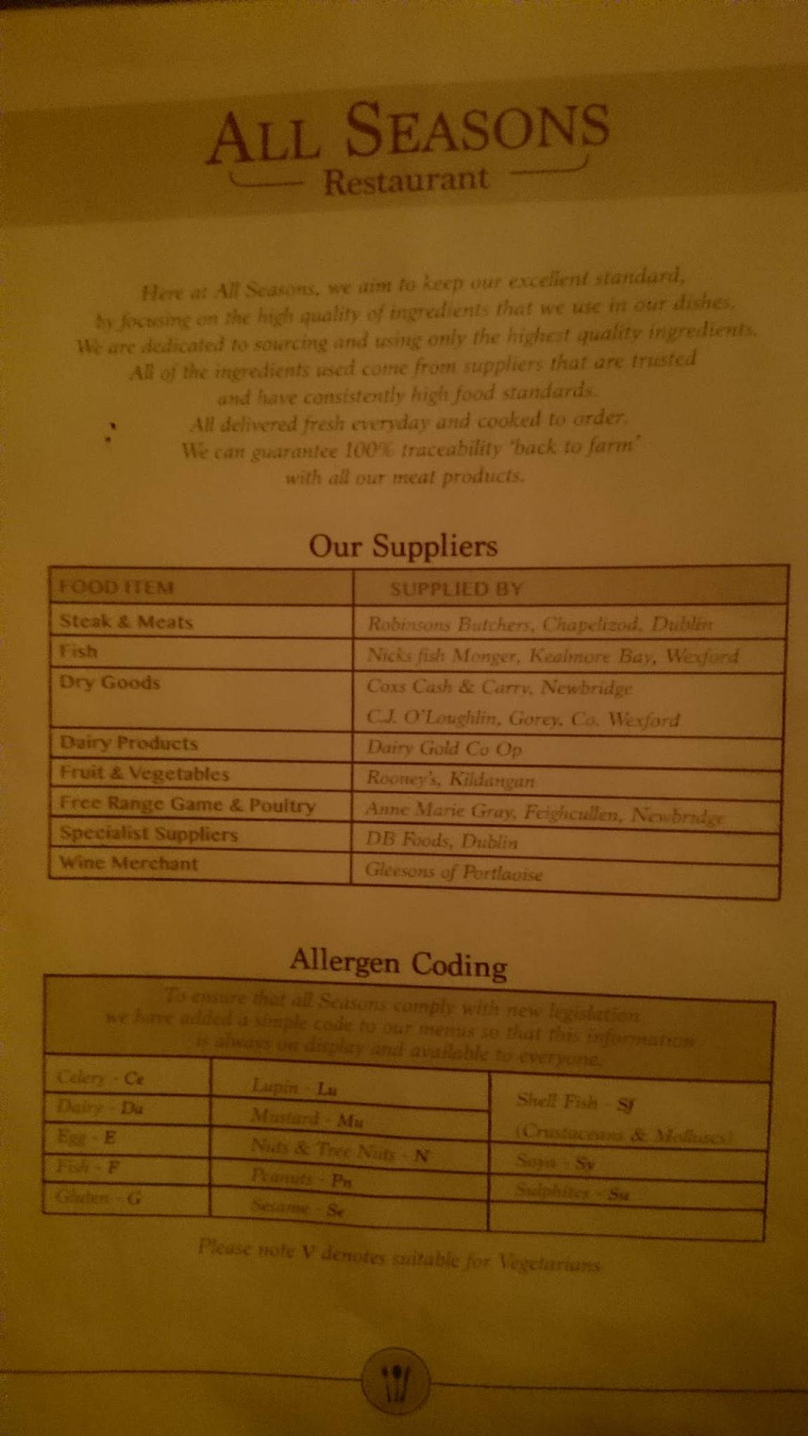 Menu at All Seasons Restaurant, Newbridge