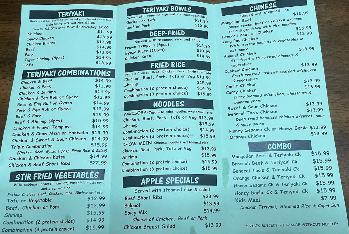 Menu at Apple Teriyaki restaurant, Frederickson, 176th St E