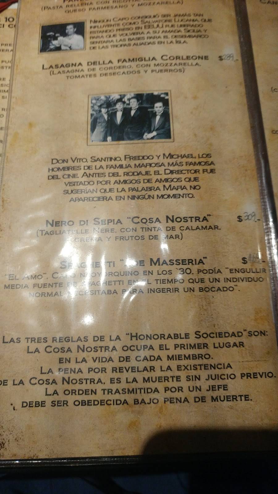 Carta del restaurante Arte del Mafia, Buenos Aires