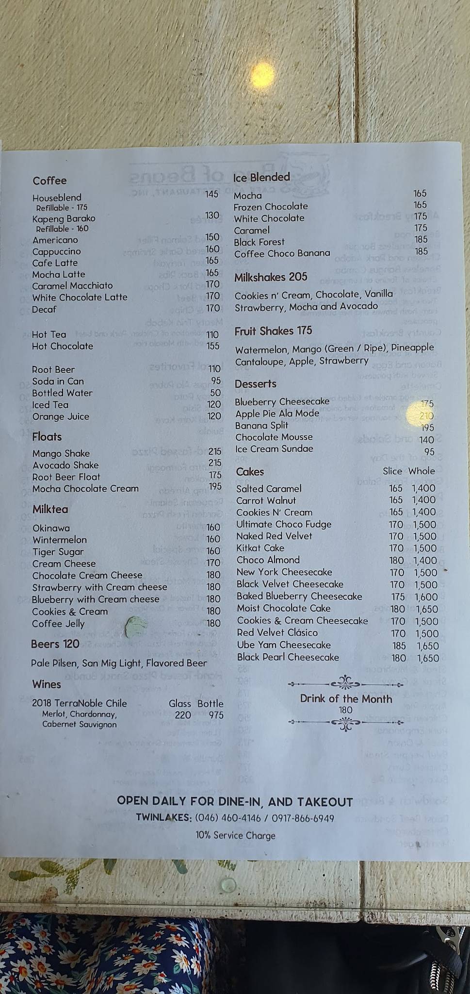 Menu at Bag of Beans, Twin Lakes restaurant, Laurel, 3V94+FP6