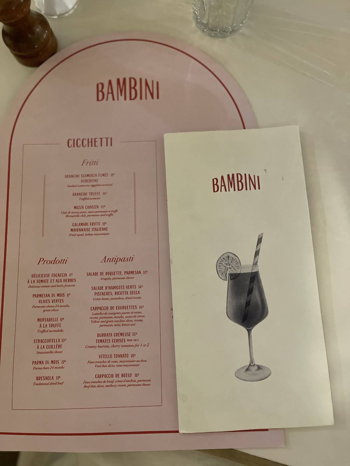 Menu at Bambini Paris restaurant, Paris, Palais De Tokyo