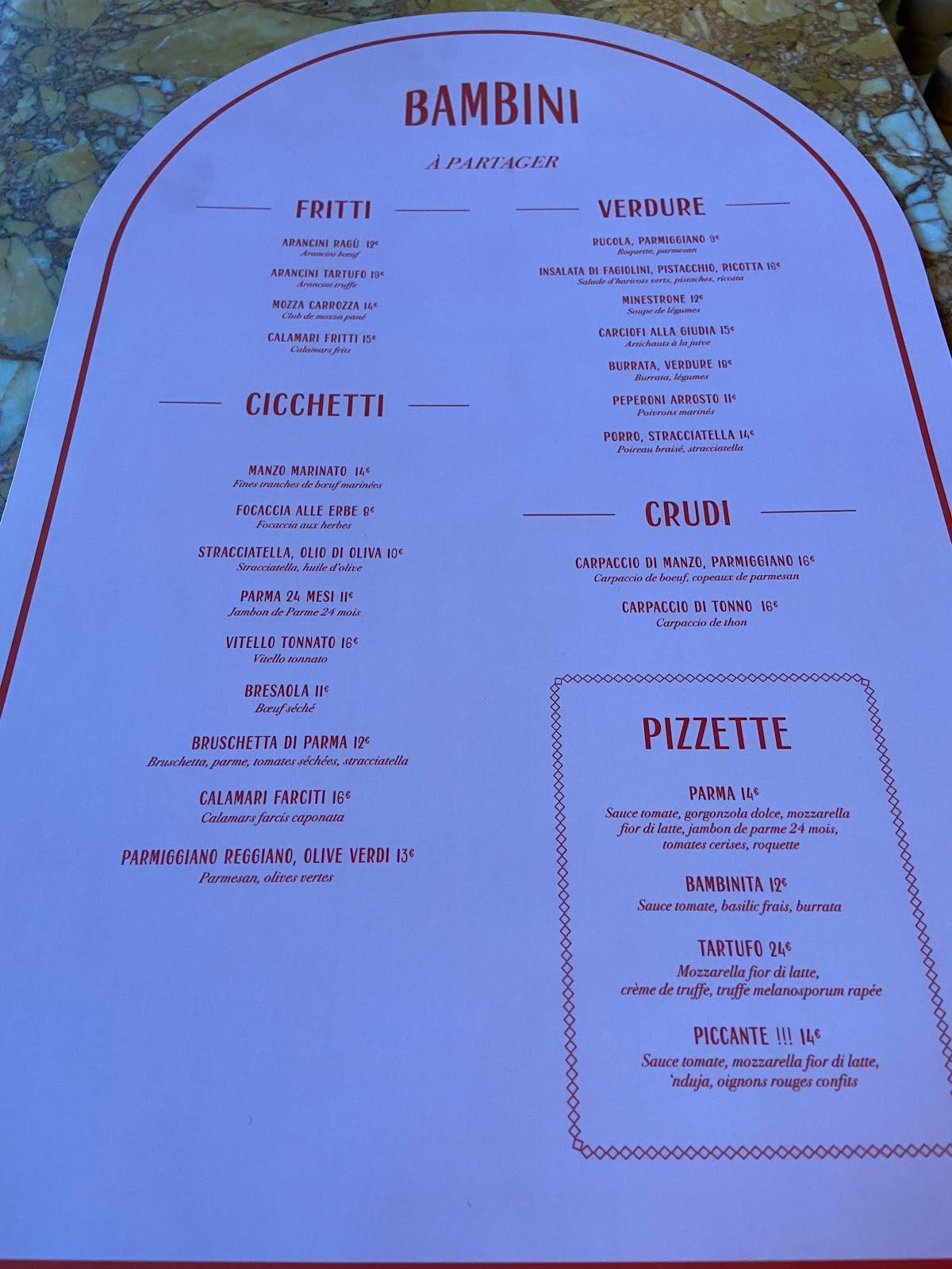 Menu at Bambini Paris restaurant, Paris, Palais De Tokyo