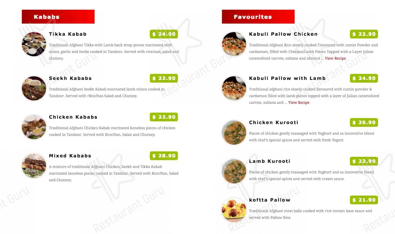 Menu at Bamiyan Restaurant, Norman Park