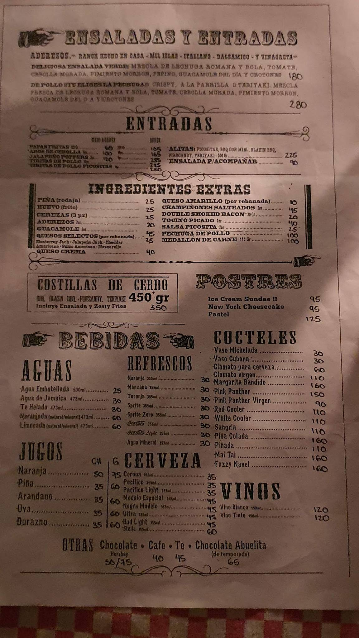 Menu at Bandido's Grill restaurant, La Paz