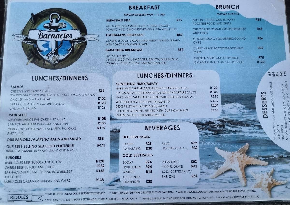 Menu at Barnacles Restaurant, Port Elizabeth