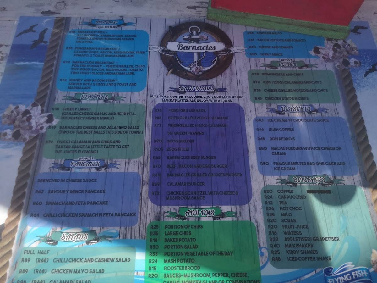 Menu at Barnacles Restaurant, Port Elizabeth