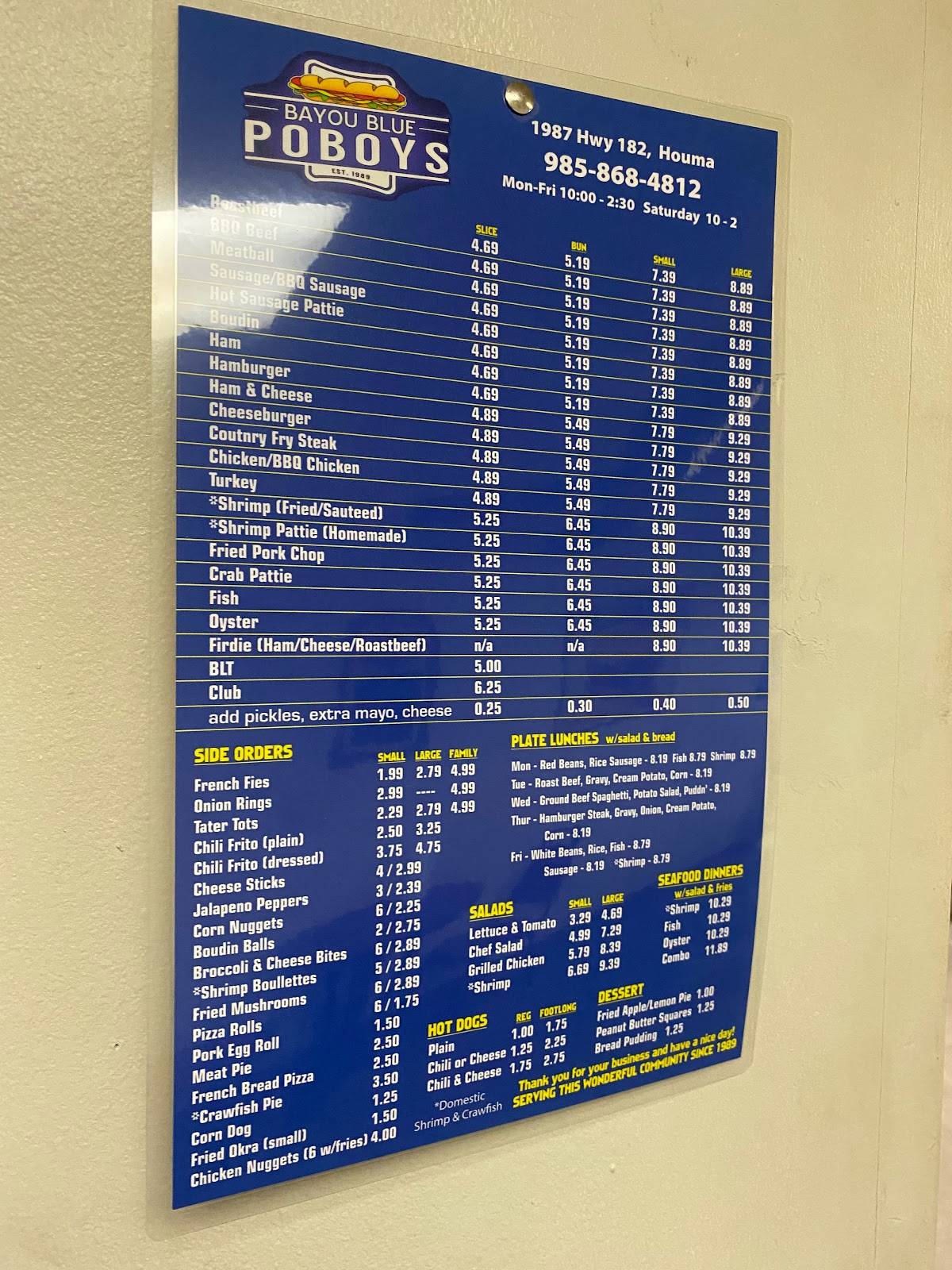Menu at Bayou Blue Po-Boys restaurant, Houma, LA-182
