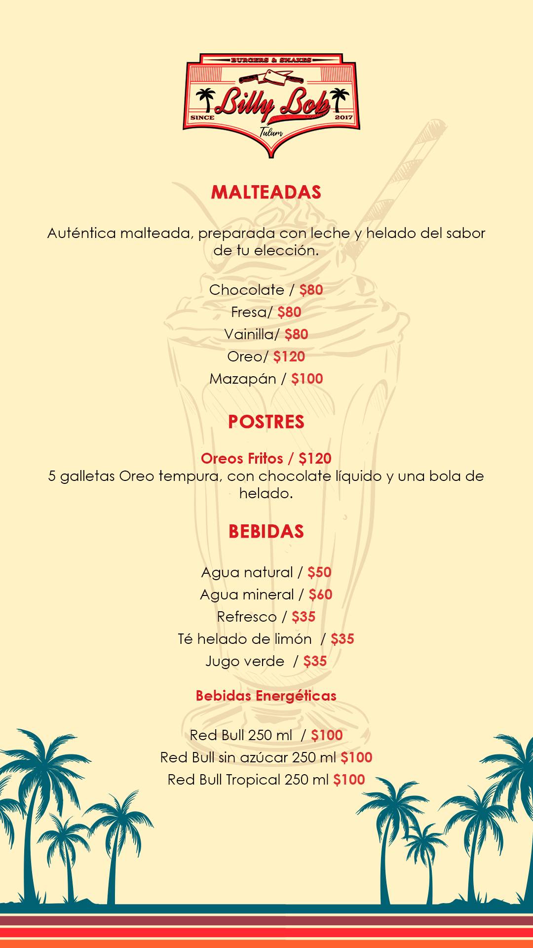 Menu at Billy Bob Tulum restaurant, Tulum