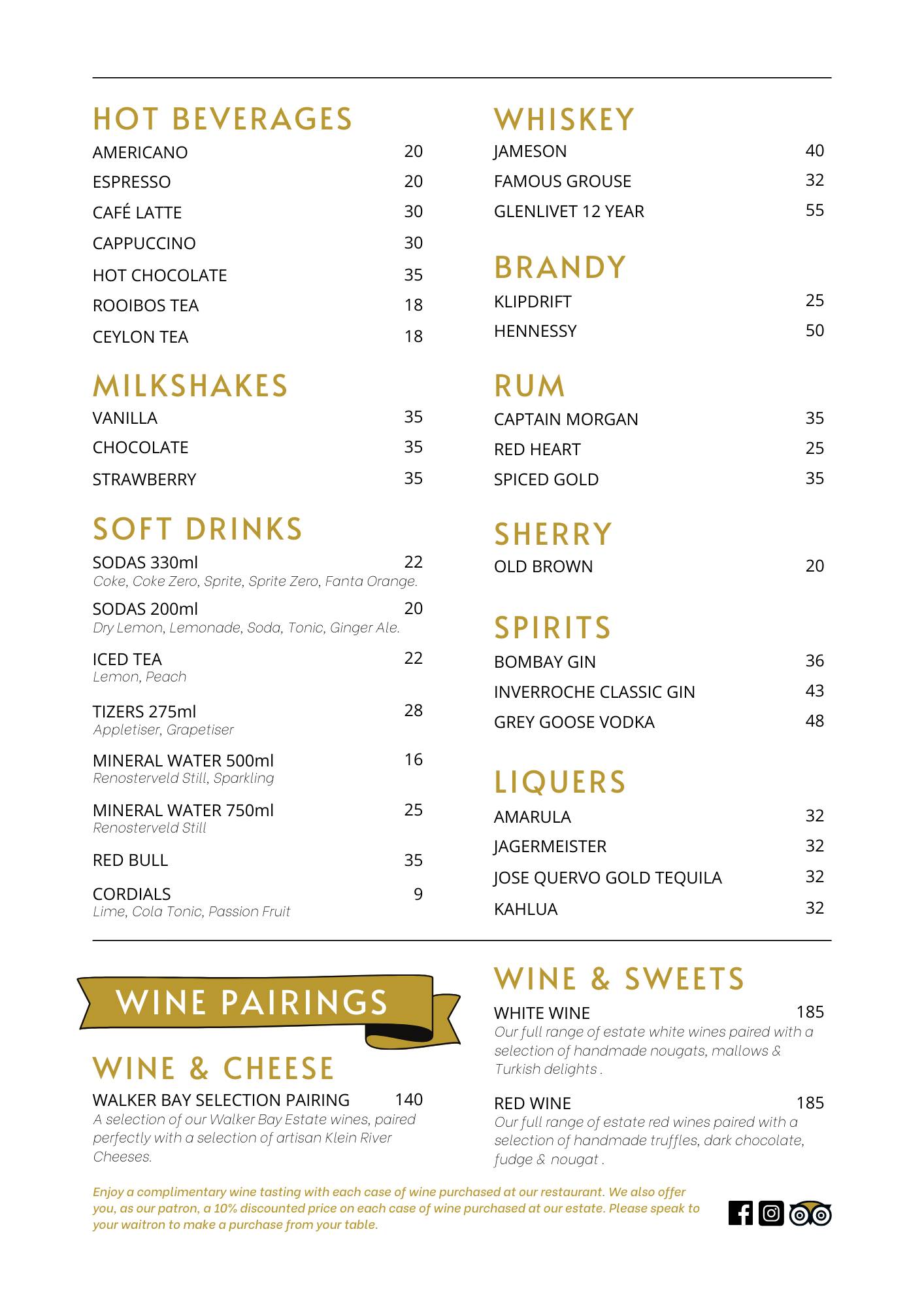 Menu at Birkenhead Estate restaurant, Stanford