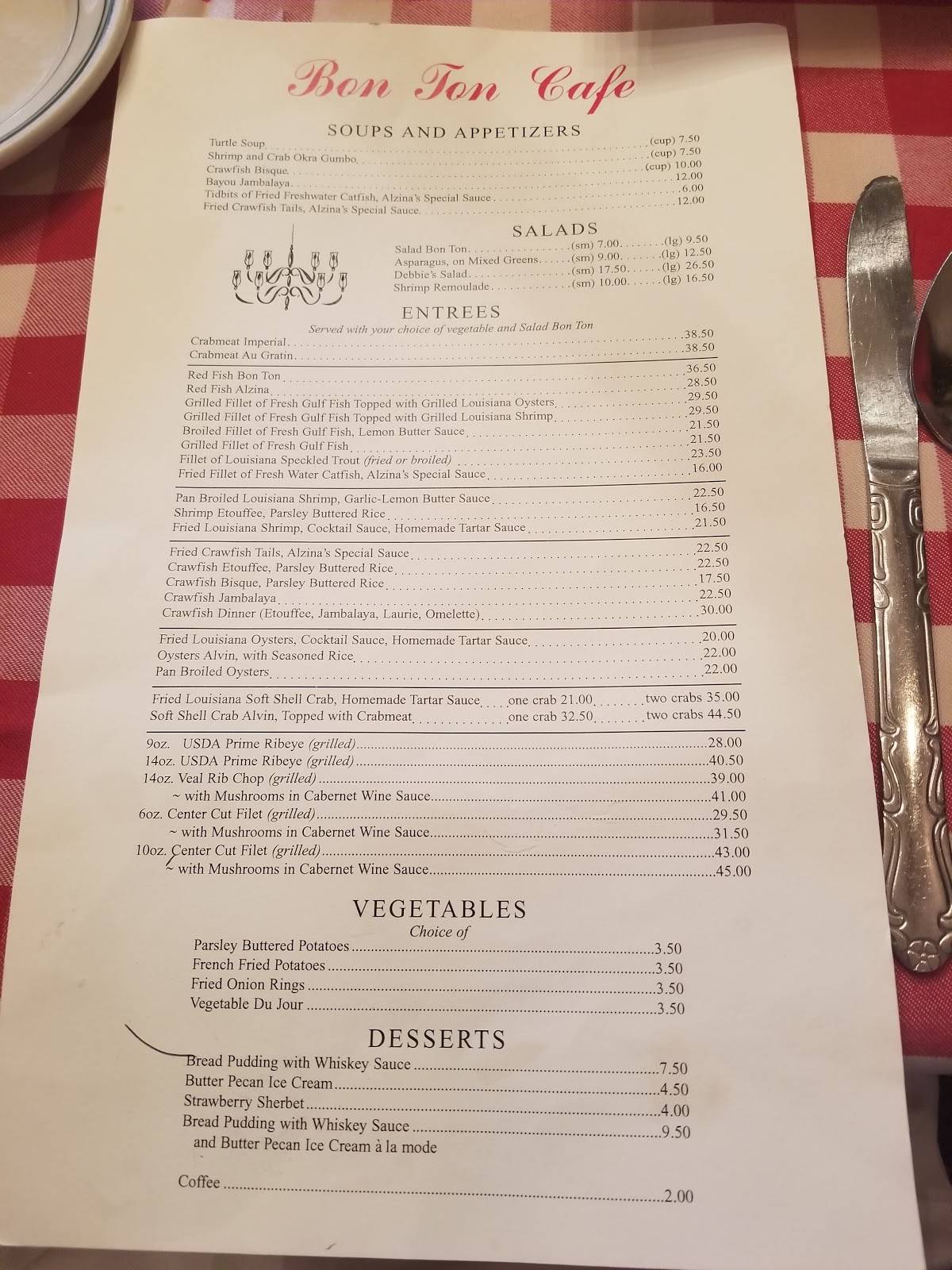 Menu at Bon Ton Café restaurant, New Orleans