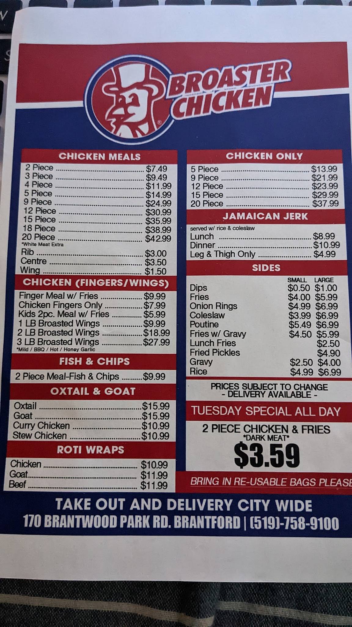Menu at Broaster's Crispy Fried Chicken restaurant, Brantford, 170 ...