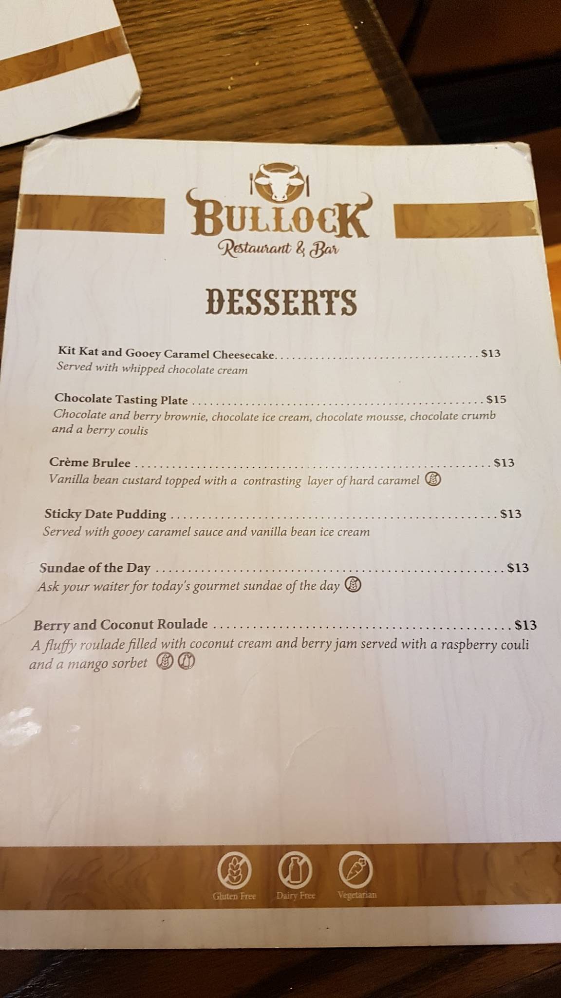 Menu at Bullock Restaurant & Bar, Timaru