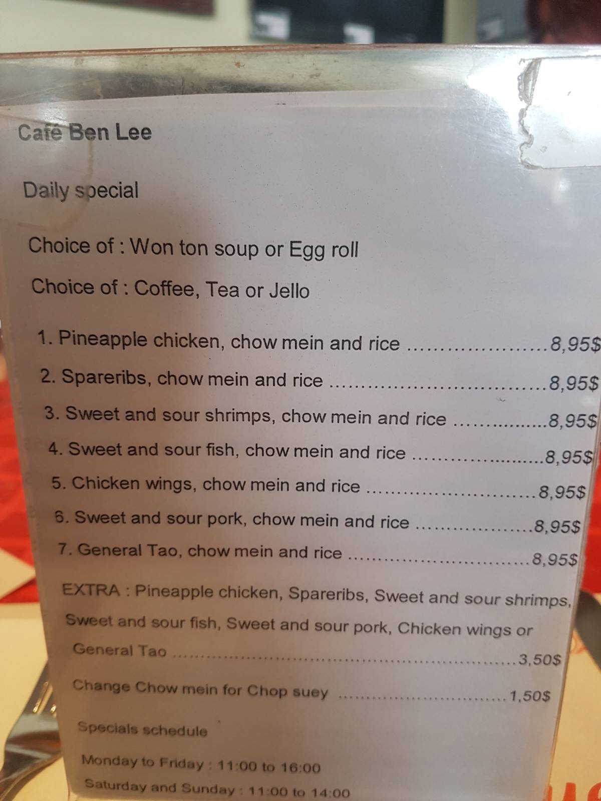 Menu au Café Ben Lee, Sherbrooke