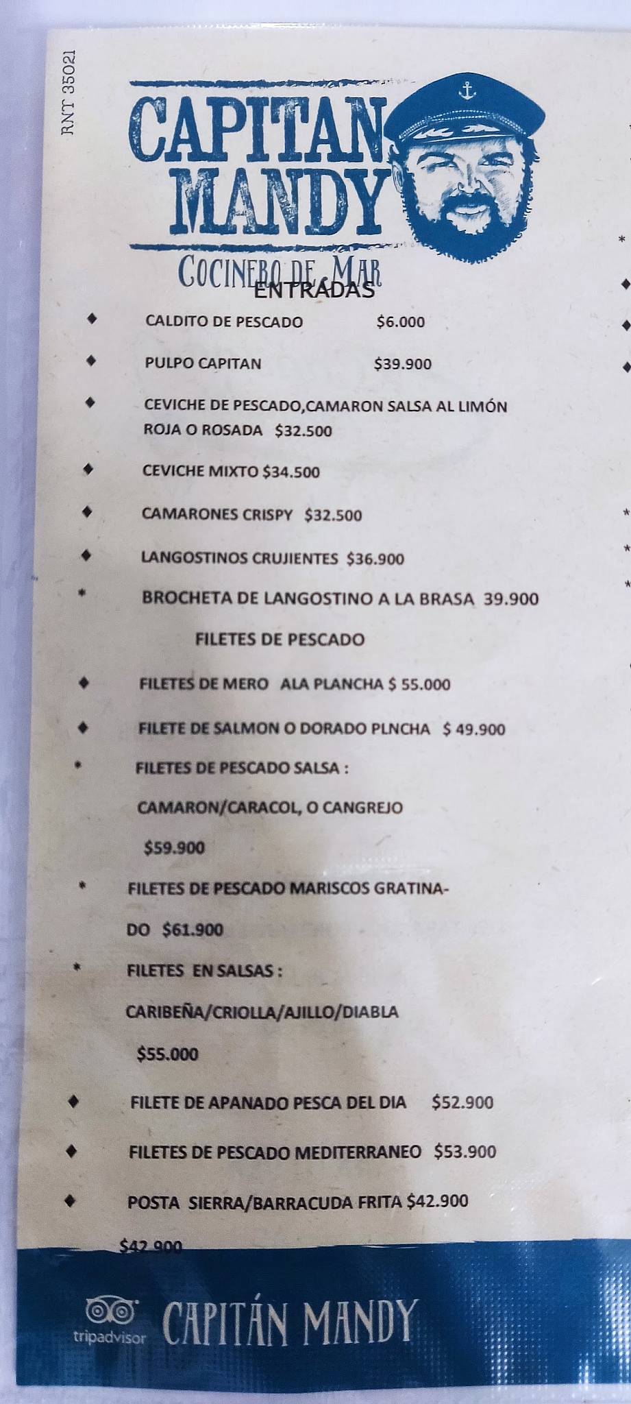 Carta del restaurante Capitan Mandy, San Andrés