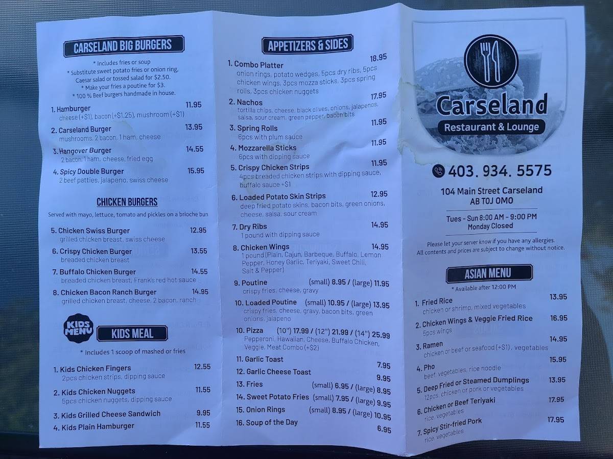 Carta de Carseland Restaurant & Lounge, Carseland