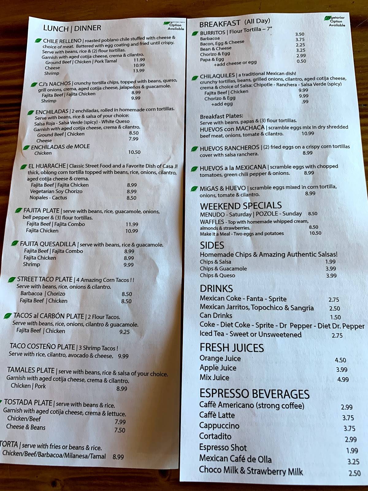 Menu at Casa Jacaranda - Cocina Mexicana Mansfield TX restaurant, Mansfield