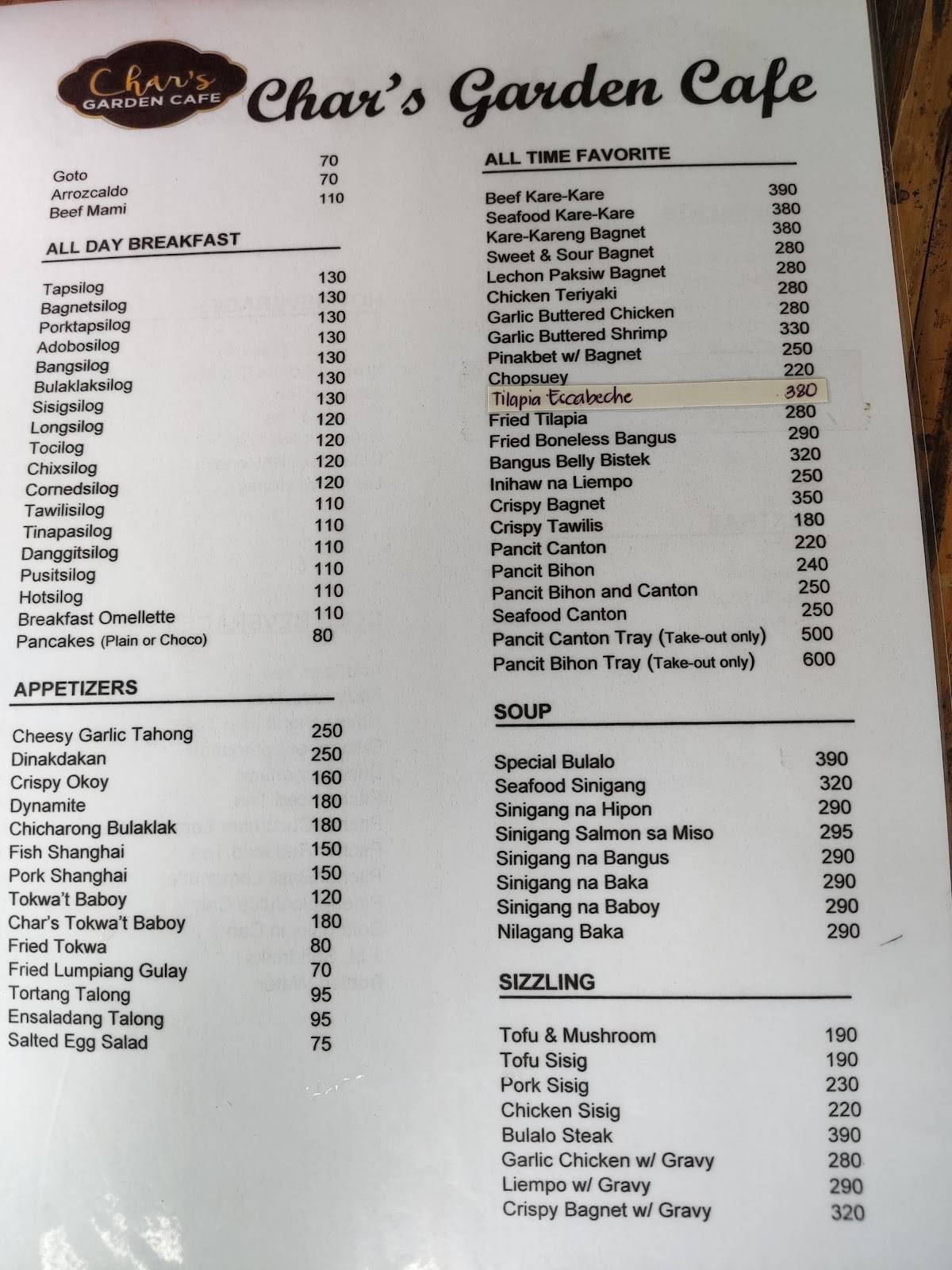 Menu at Char's Garden Cafe - Tagaytay, Laurel, 4W3G+QWP