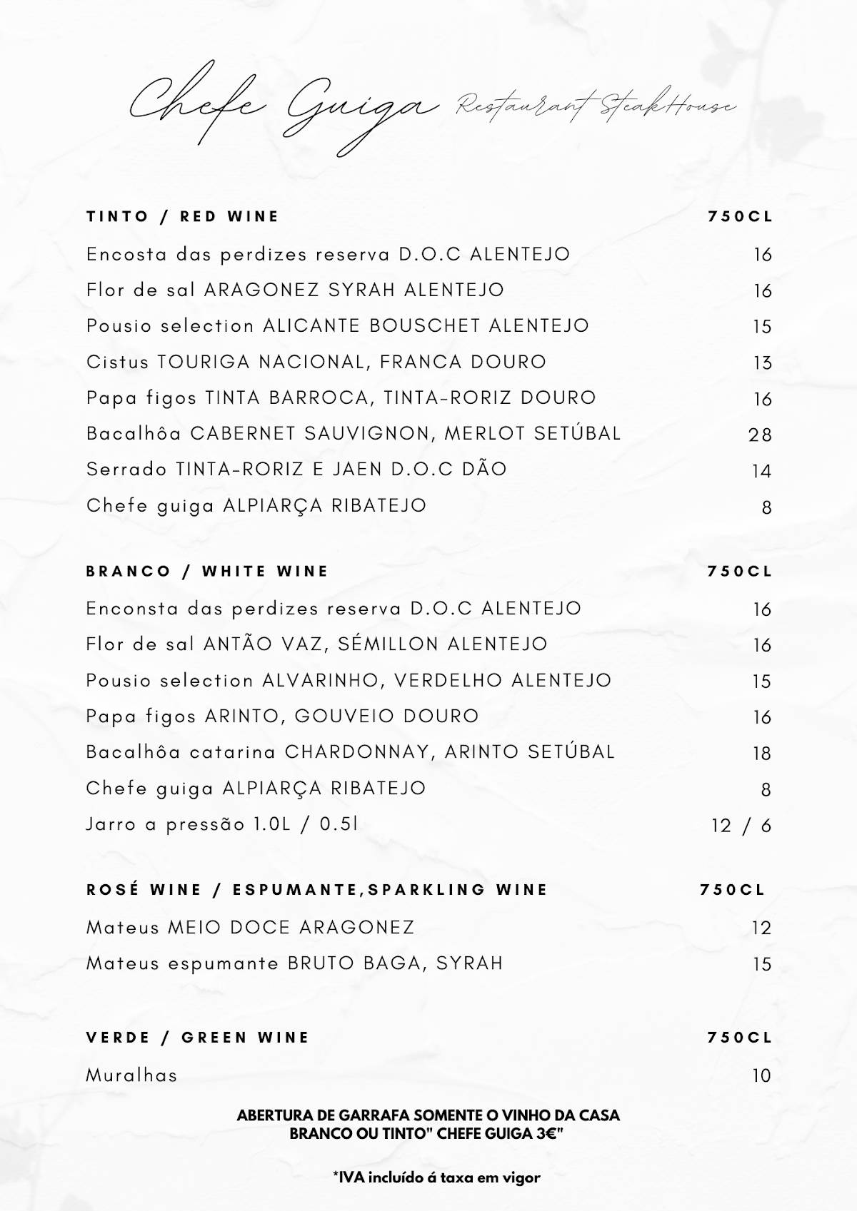 Menu em Chefe Guiga Steakhouse Restaurant, Lisboa