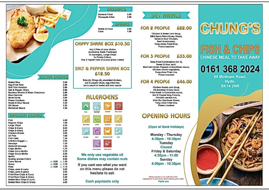 Menu at Chung's Fish and Chips restaurant, Hyde