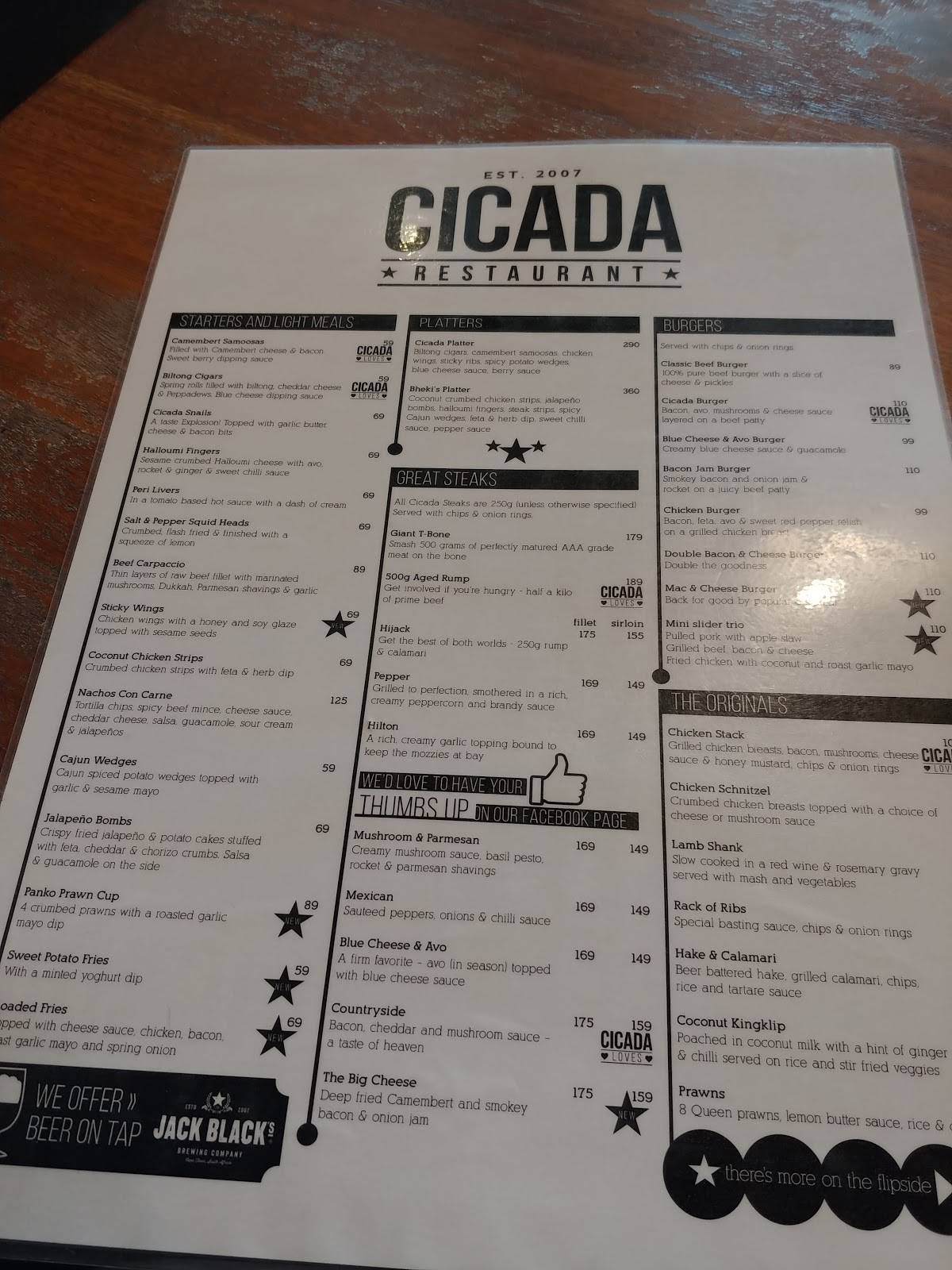 Menu at Cicada restaurant, Nelspruit