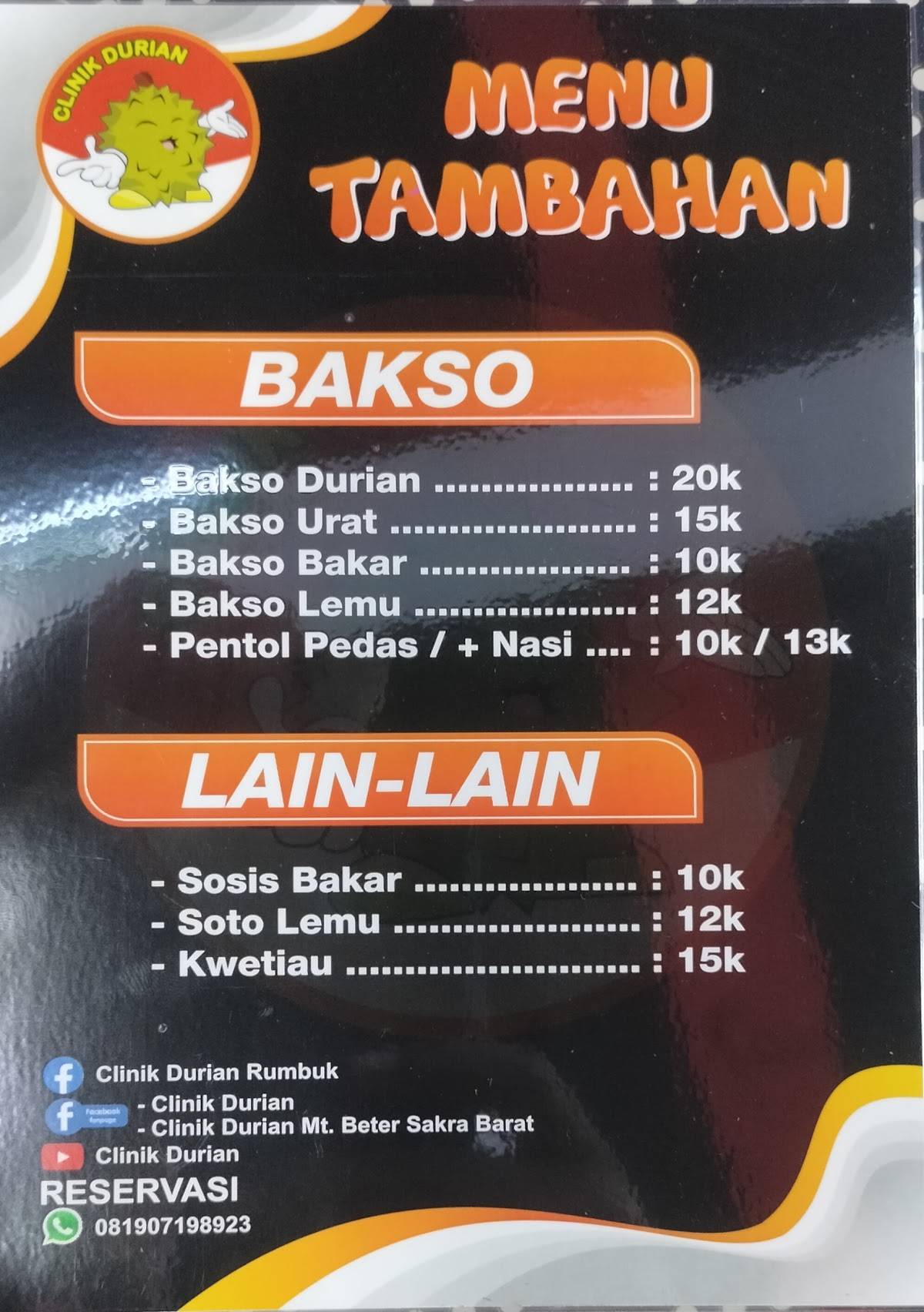 Menu at Clinik Durian Mt. Beter Sakra Barat, Indonesia