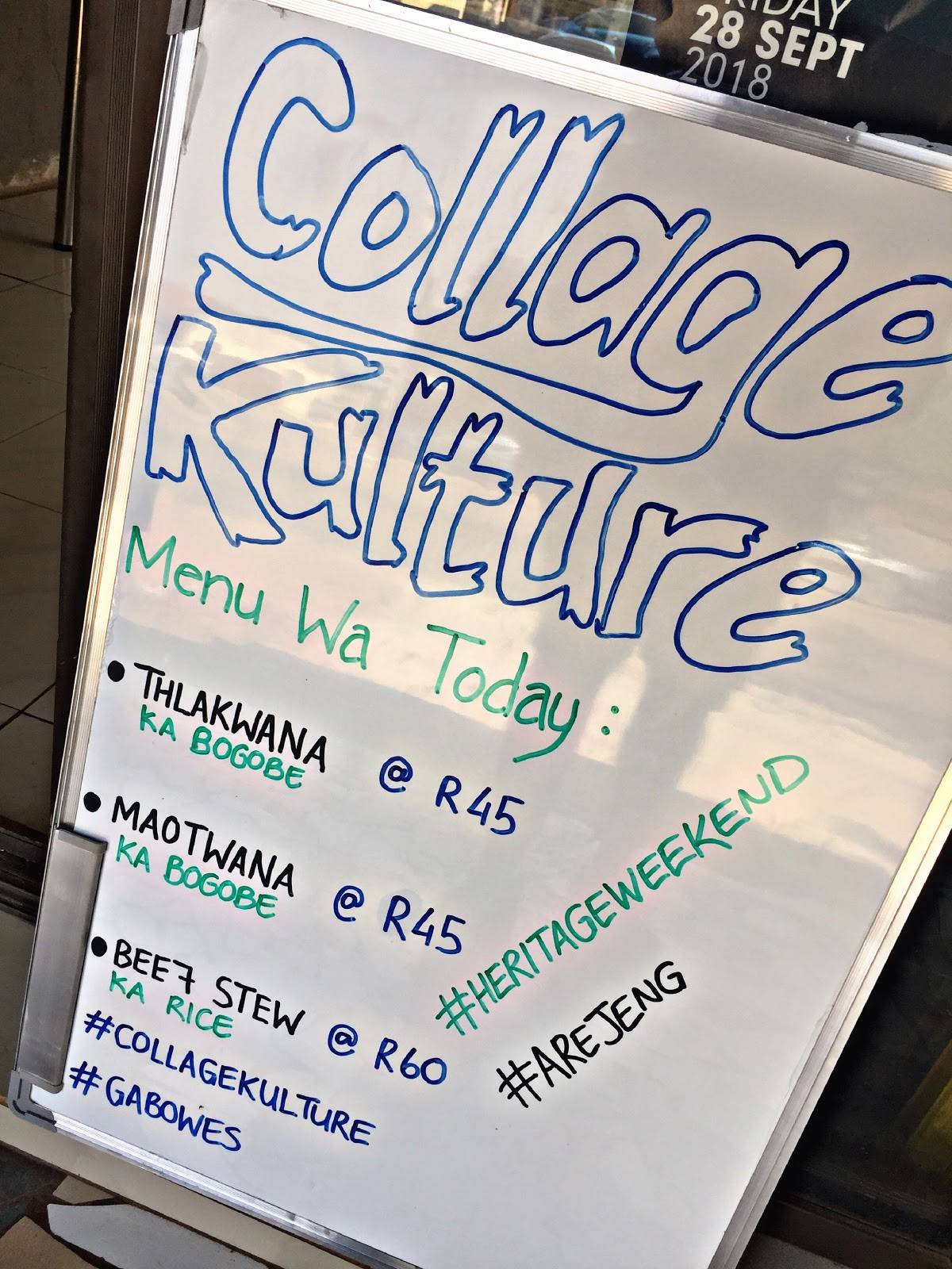 Menu at Collage kulture restaurant, Pretoria, 71 1st St