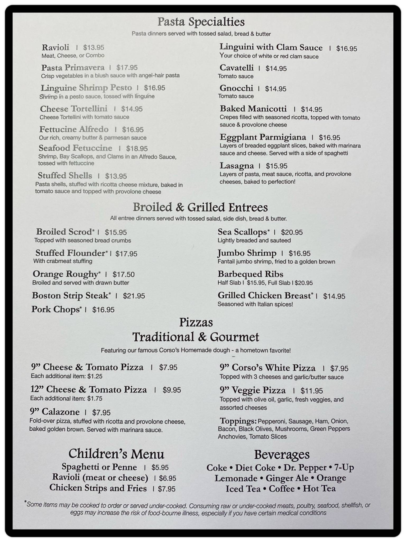 Menu at Corso's Italian Restaurant, North Olmsted