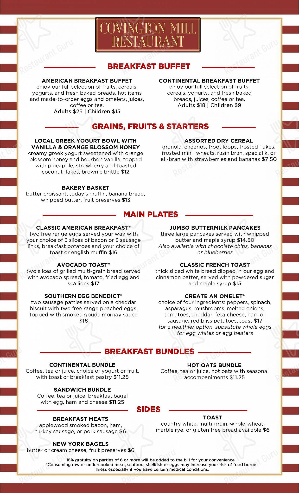 Menu at Covington Mill Restaurant, Orlando