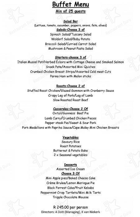 Menu at Cradle Moon Lakeside Game Lodge restaurant, Roodepoort