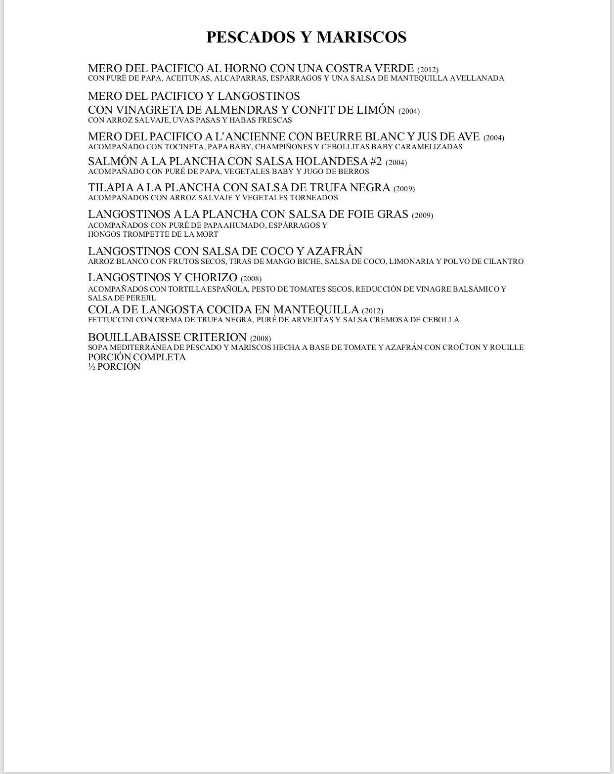 Carta del restaurante Criterión, Bogotá