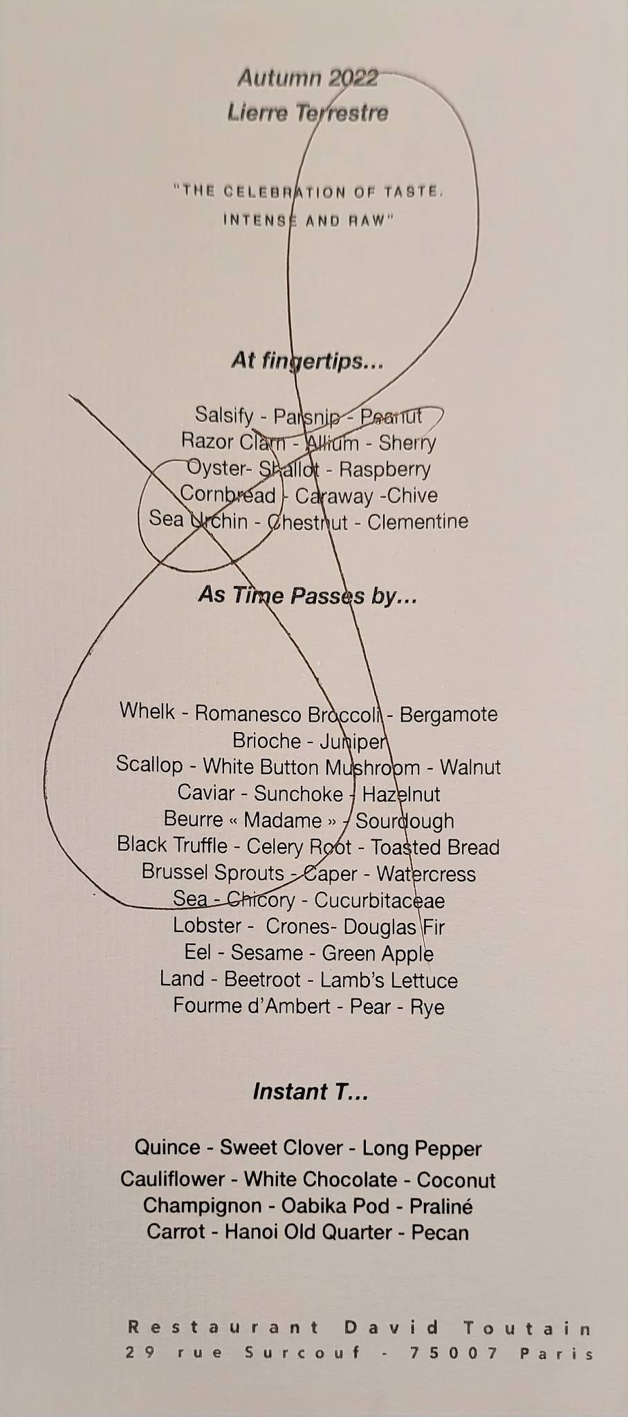 Menu at Restaurant David Toutain, Paris, 29 Rue Surcouf