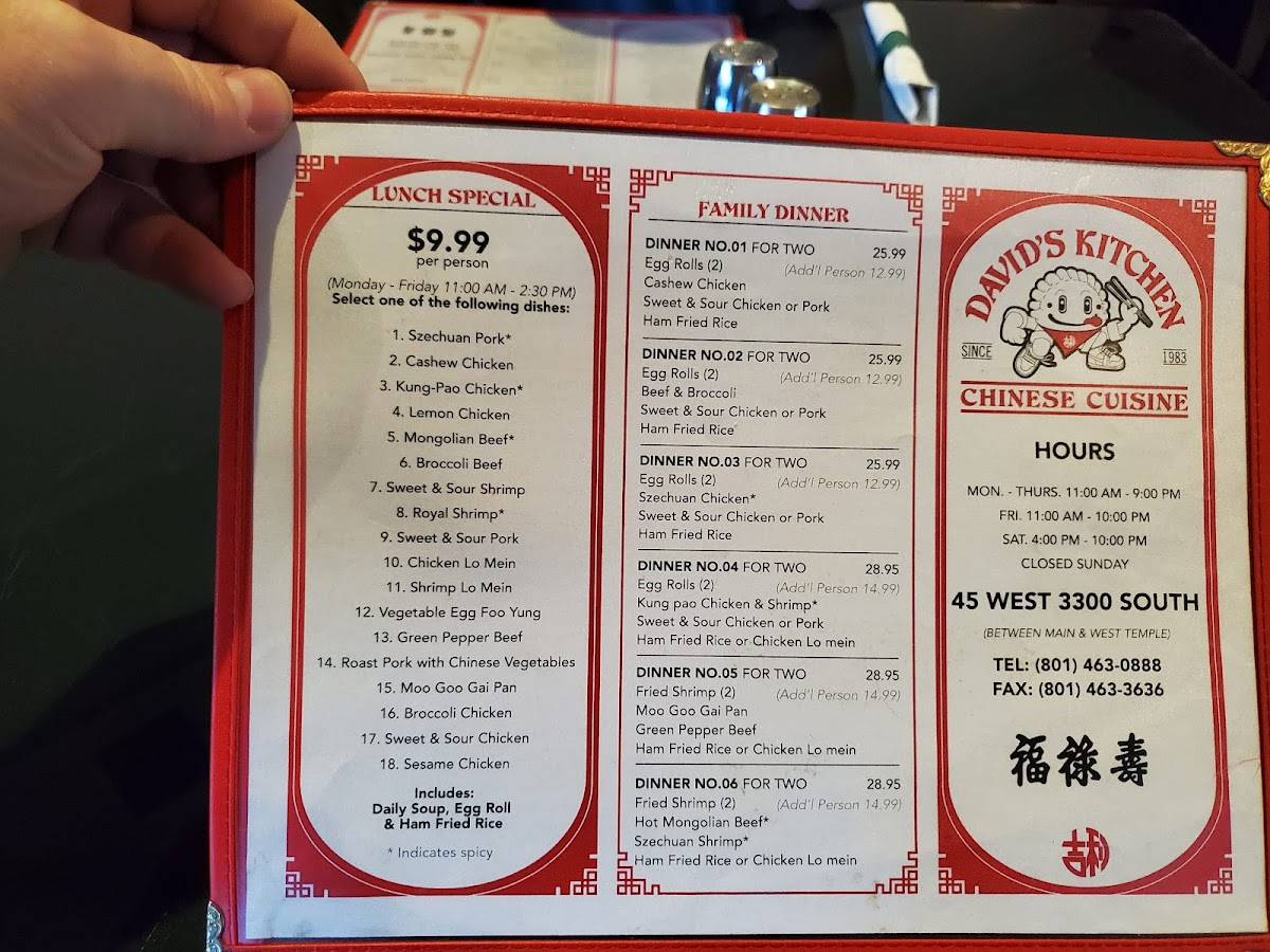 Menu at David's Kitchen restaurant, Salt Lake City, 45 W 3300 S