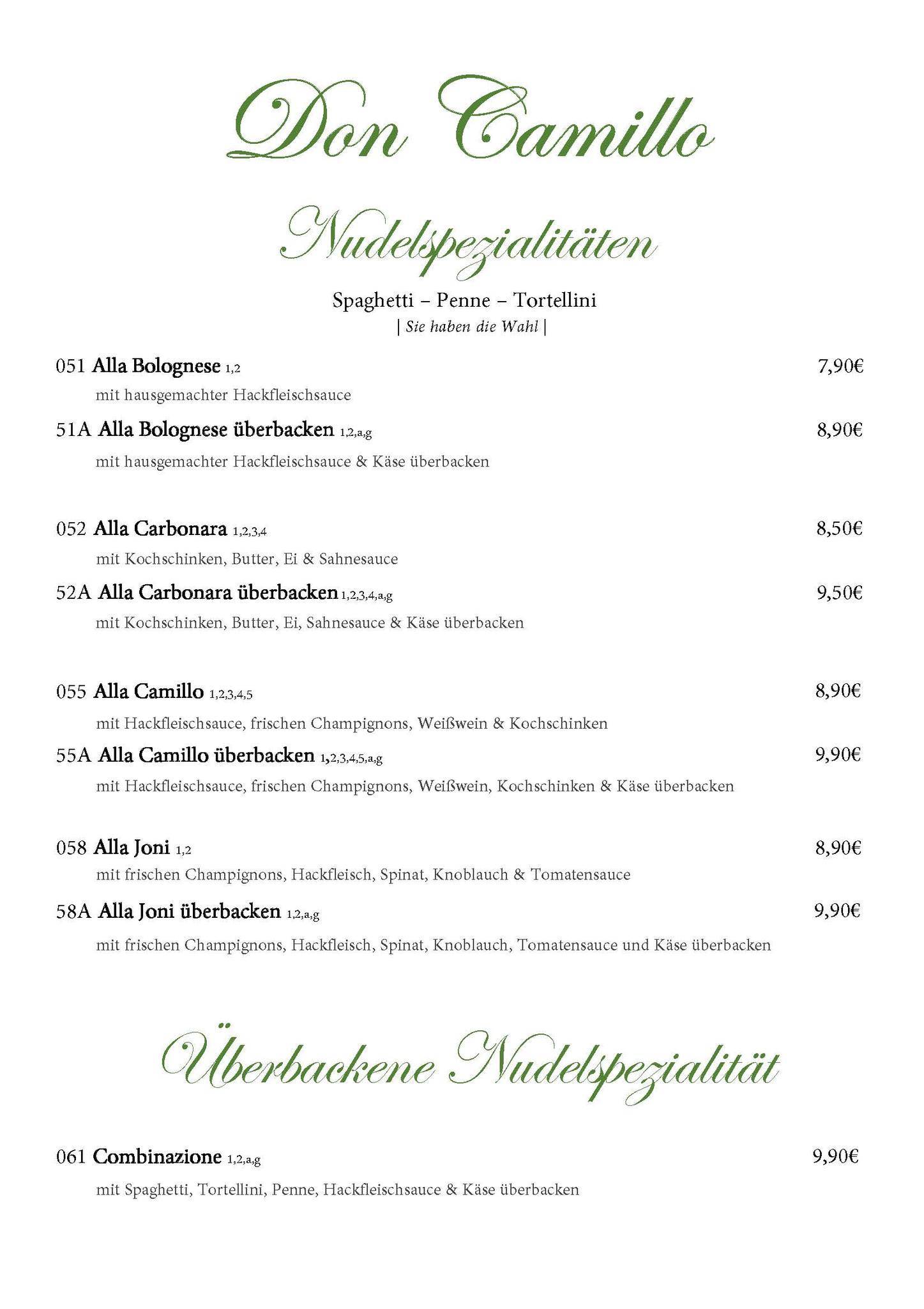 Speisekarte von Restaurant Don Camillo, Morbach