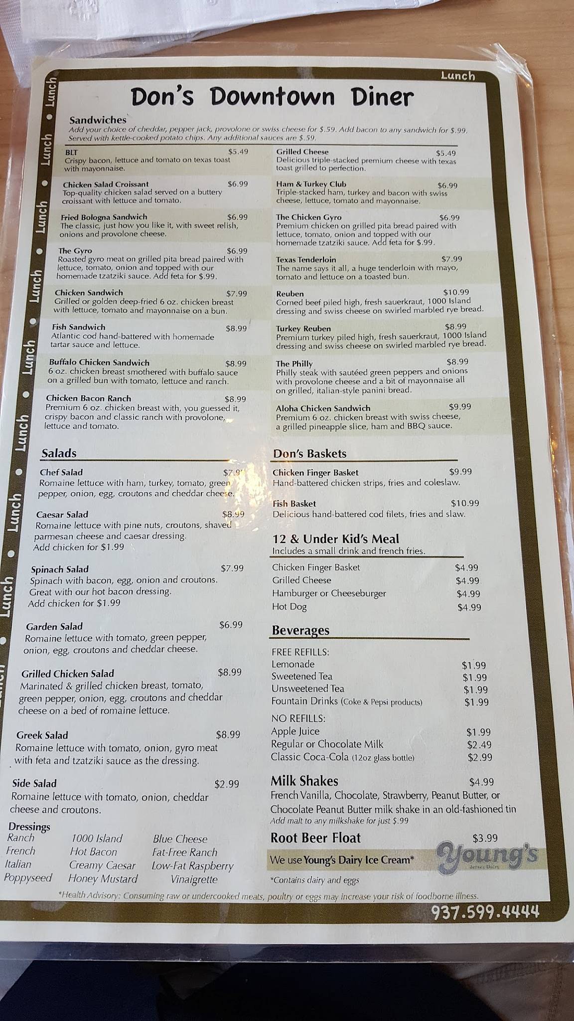 Menu at Don's Downtown Diner restaurant, Bellefontaine