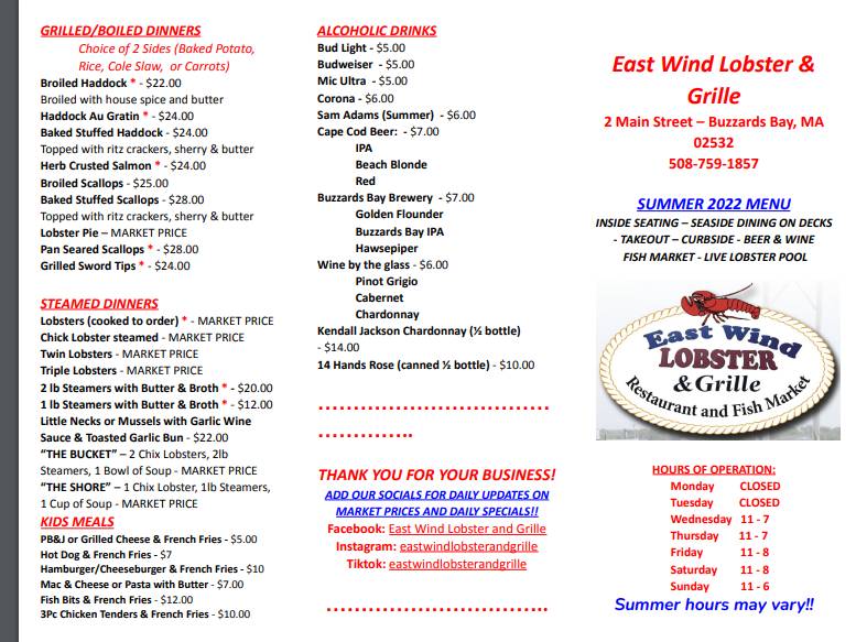 Menu at East Wind Lobster and Grille restaurant, Bourne